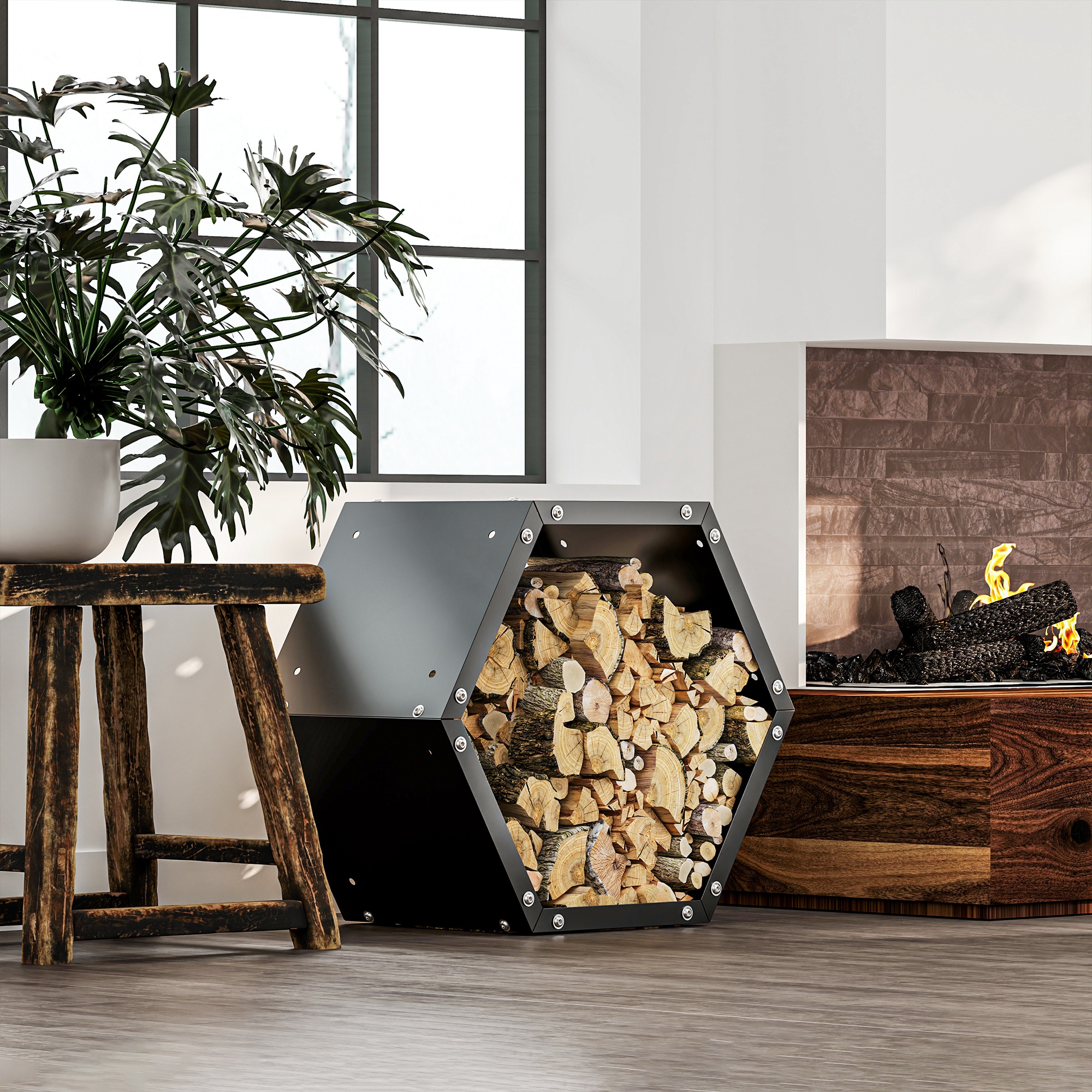 Outsunny Hexagon Firewood Log Rack Heavy-Duty Steel Log Holder for ...
