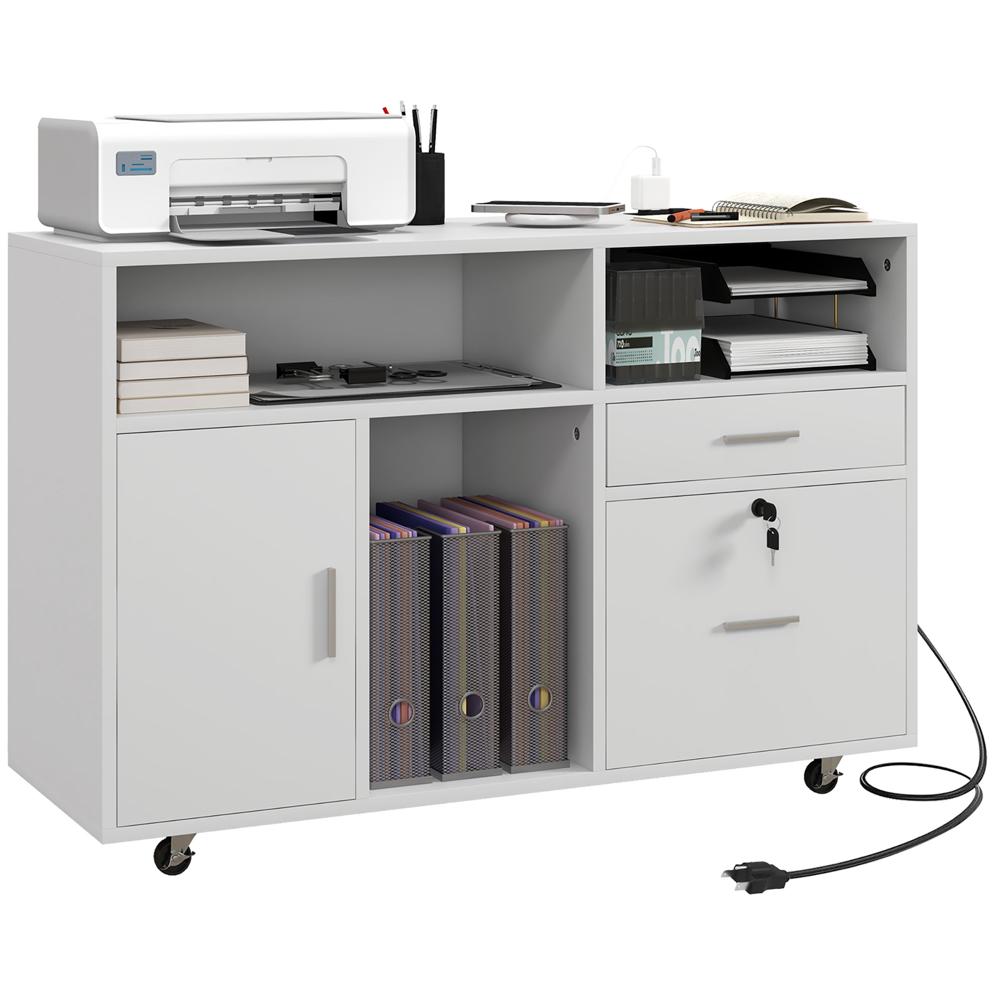 HOMCOM Mobile Printer Stand with Charging Station and USB Ports ...
