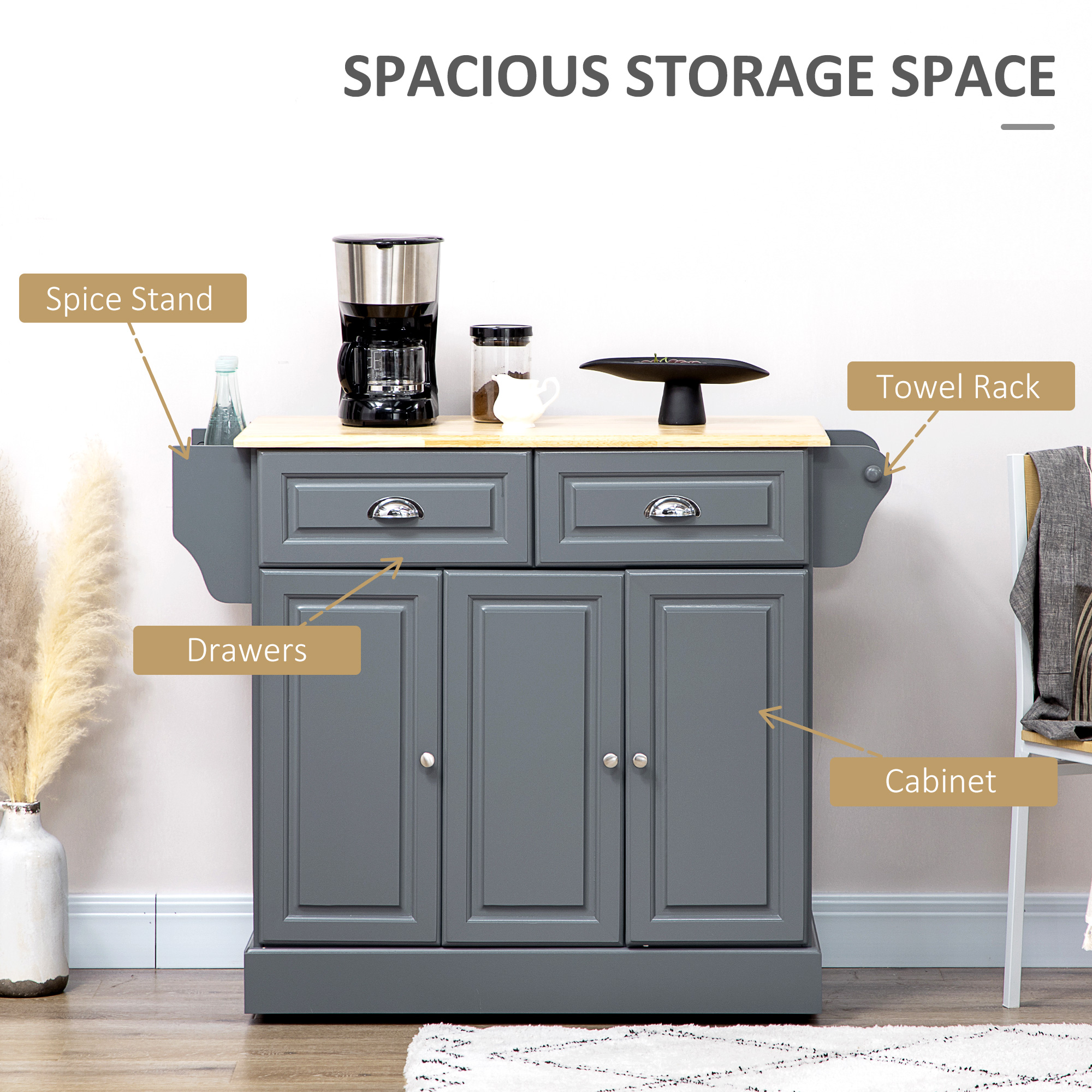 HOMCOM Triple-Cabinet Kitchen Island on Wheels, Kitchen Storage Cabinet ...