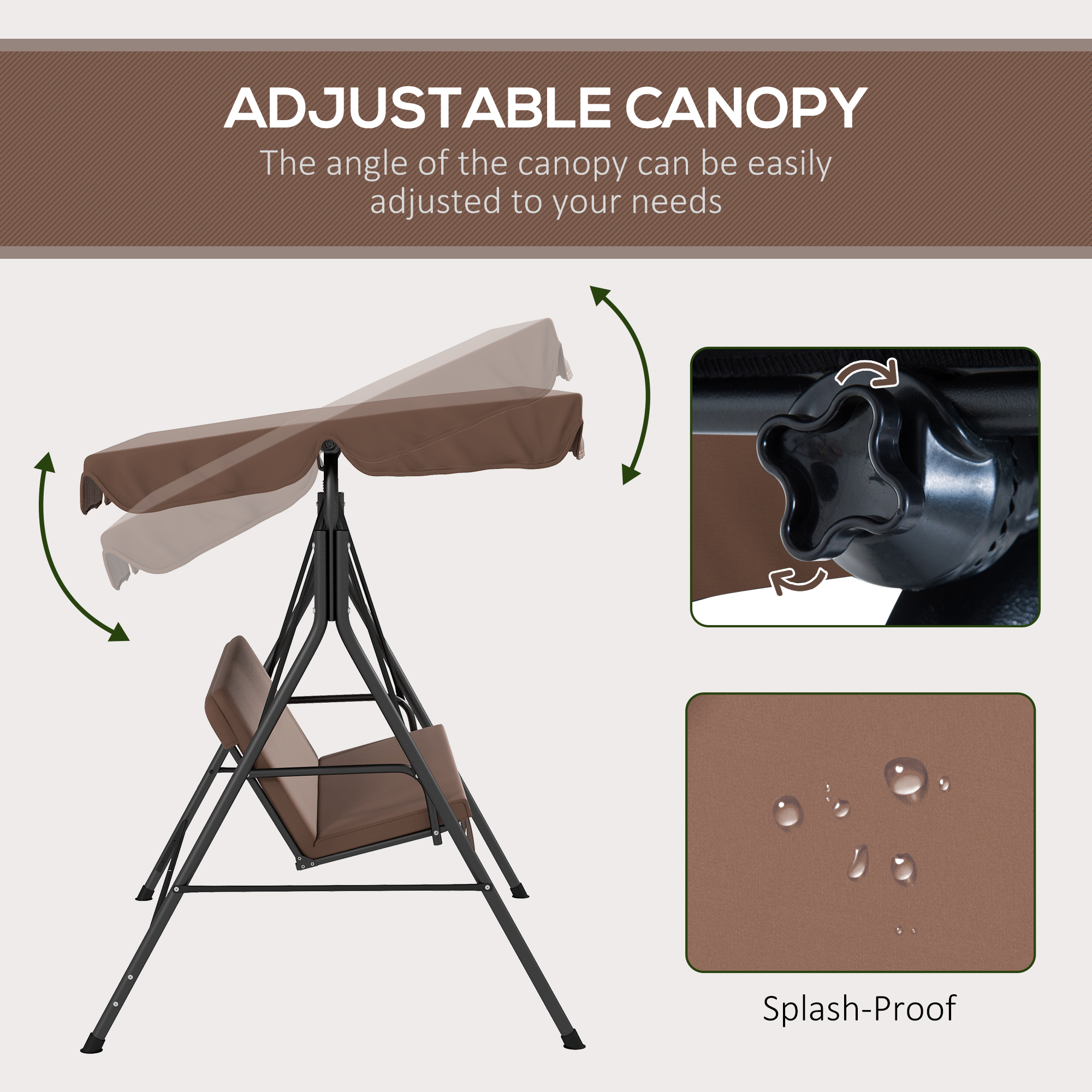 Outsunny 3-Seat Swing Set with Adjustable Canopy, Brown | Aosom.com