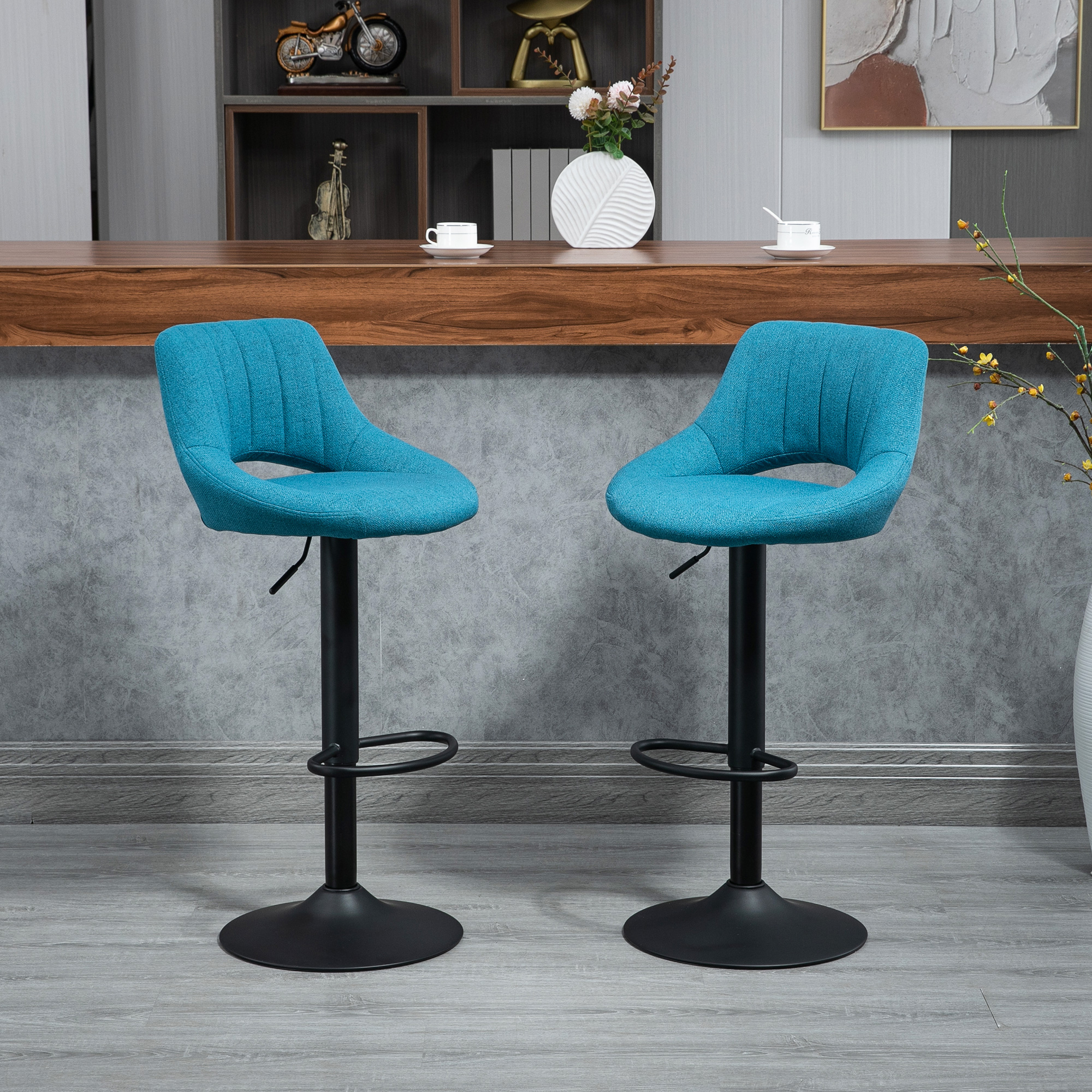 HOMCOM Modern Bar Stools Swivel Bar Height Barstools Chairs with Adjustable Height Round Heavy Metal Base and Footrest Set of 4 Blue Aosom