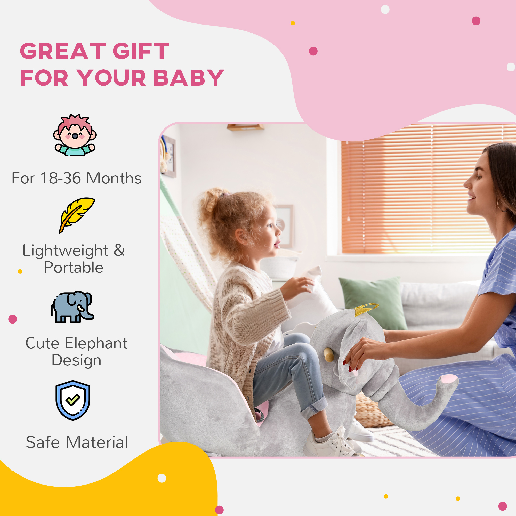 Qaba Baby Rocking Horse Elephant Rocking Chair Toddler Rocker Toy with ...