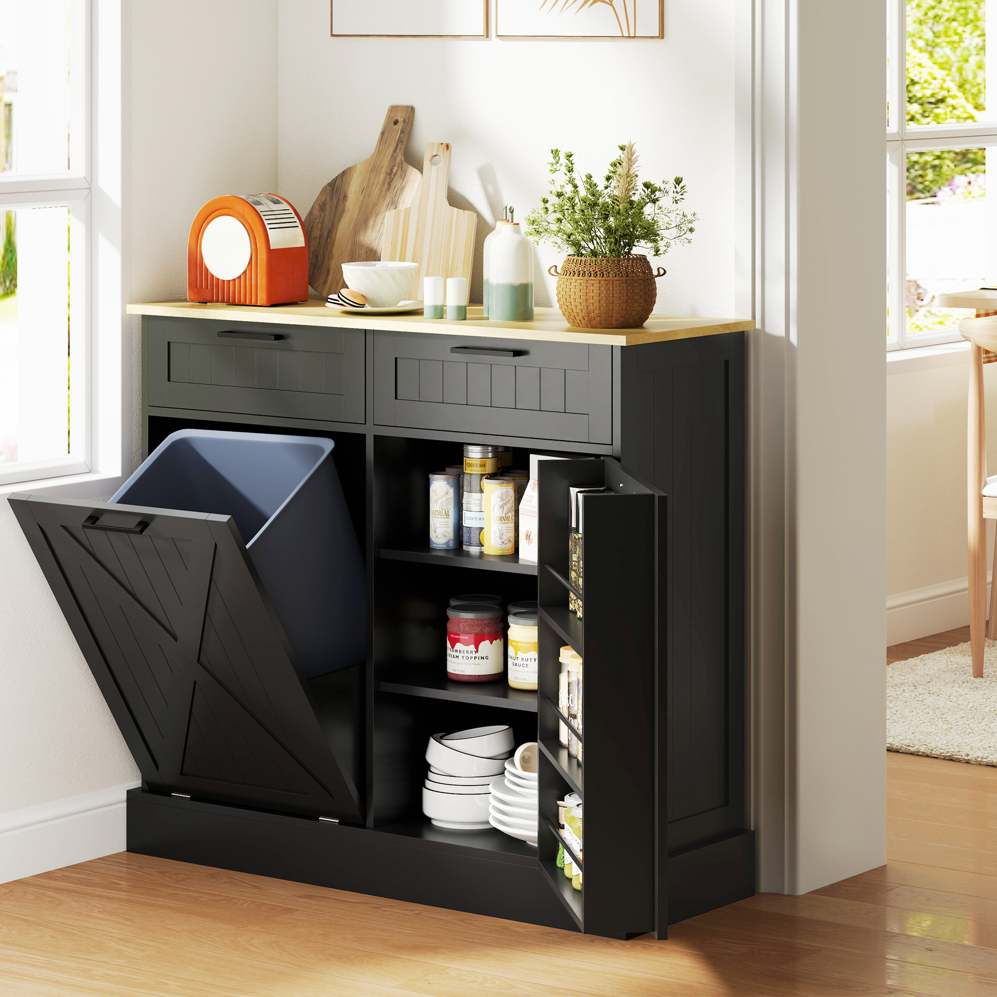 HOMCOM Hidden Garbage Bin Cabinet, Tilt Out Trash Cabinet w/ 2 Drawers ...