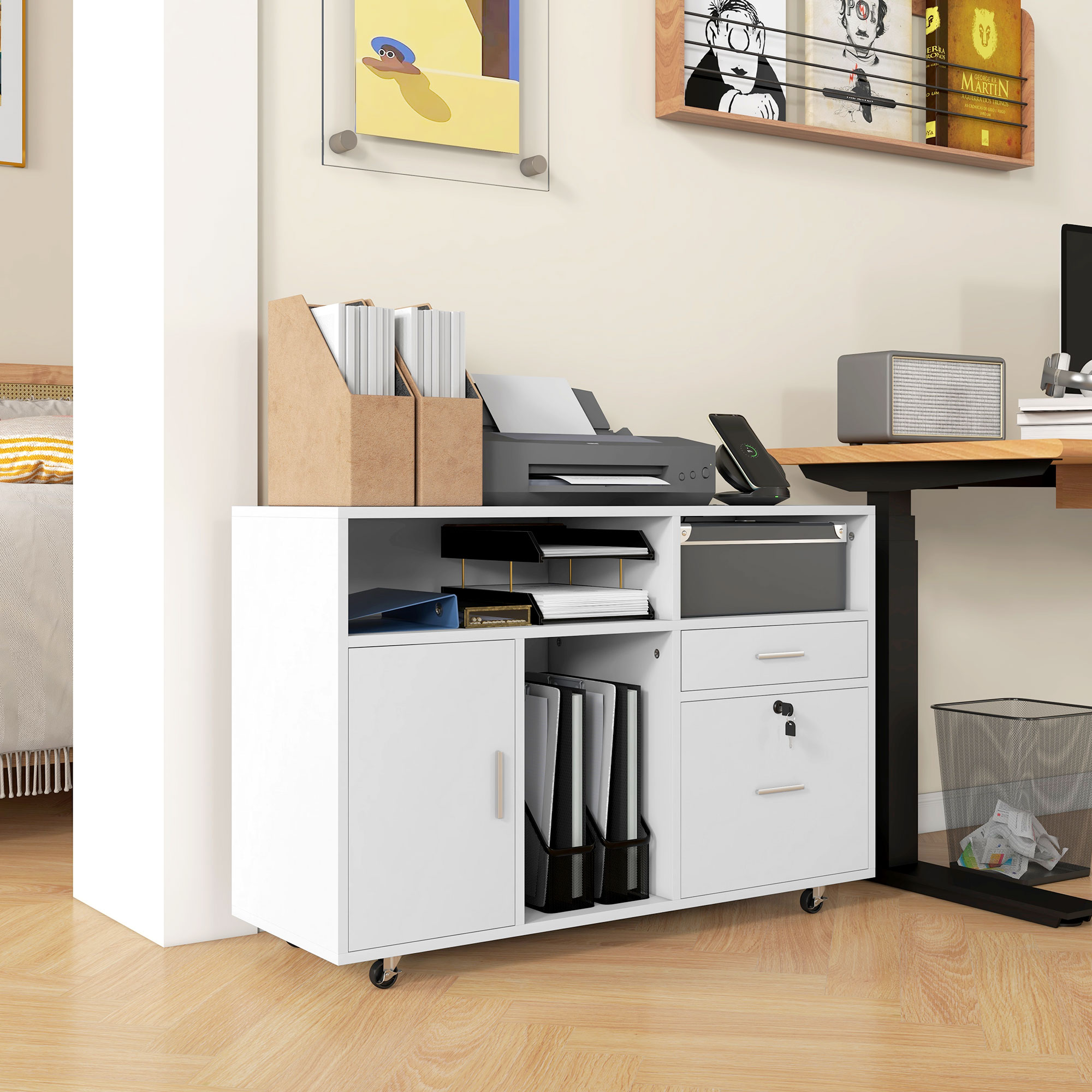 HOMCOM Mobile Printer Stand with Charging Station and USB Ports ...