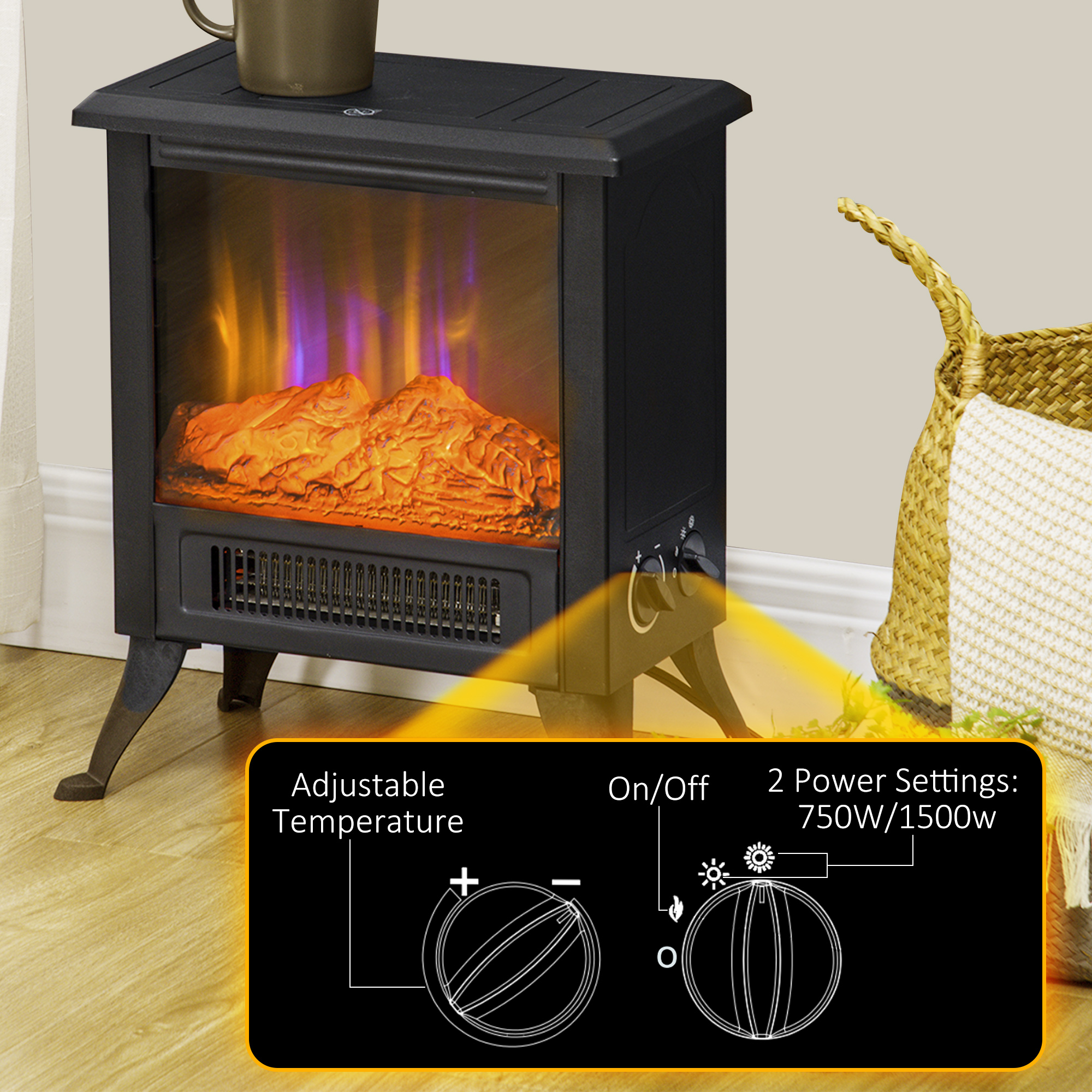 HOMCOM Electric Fireplace Heater w/ LED Flame Fireplace Stove, Black ...