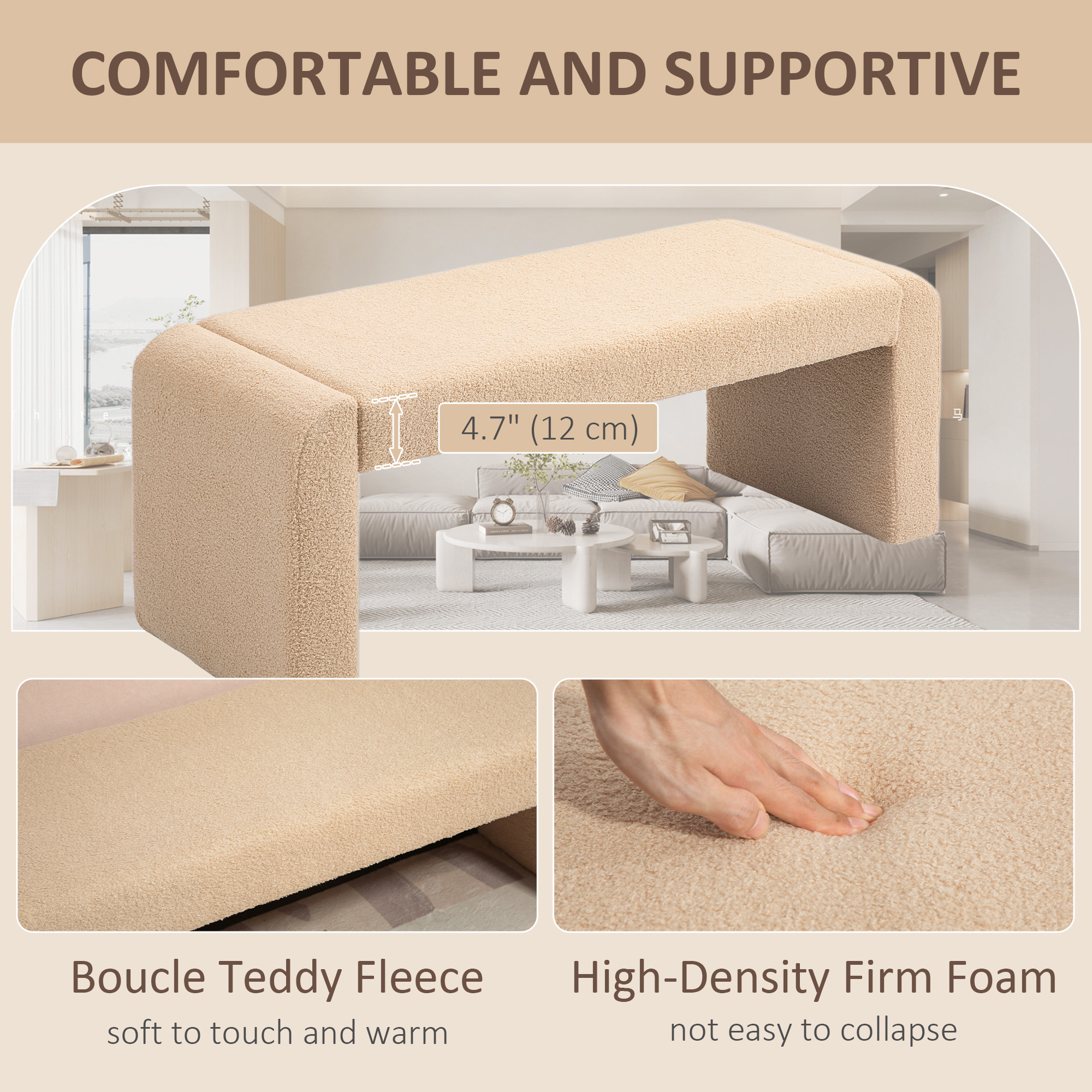 HOMCOM Upholstered Bedroom Bench, Boucle End of Bed Bench, Modern U ...
