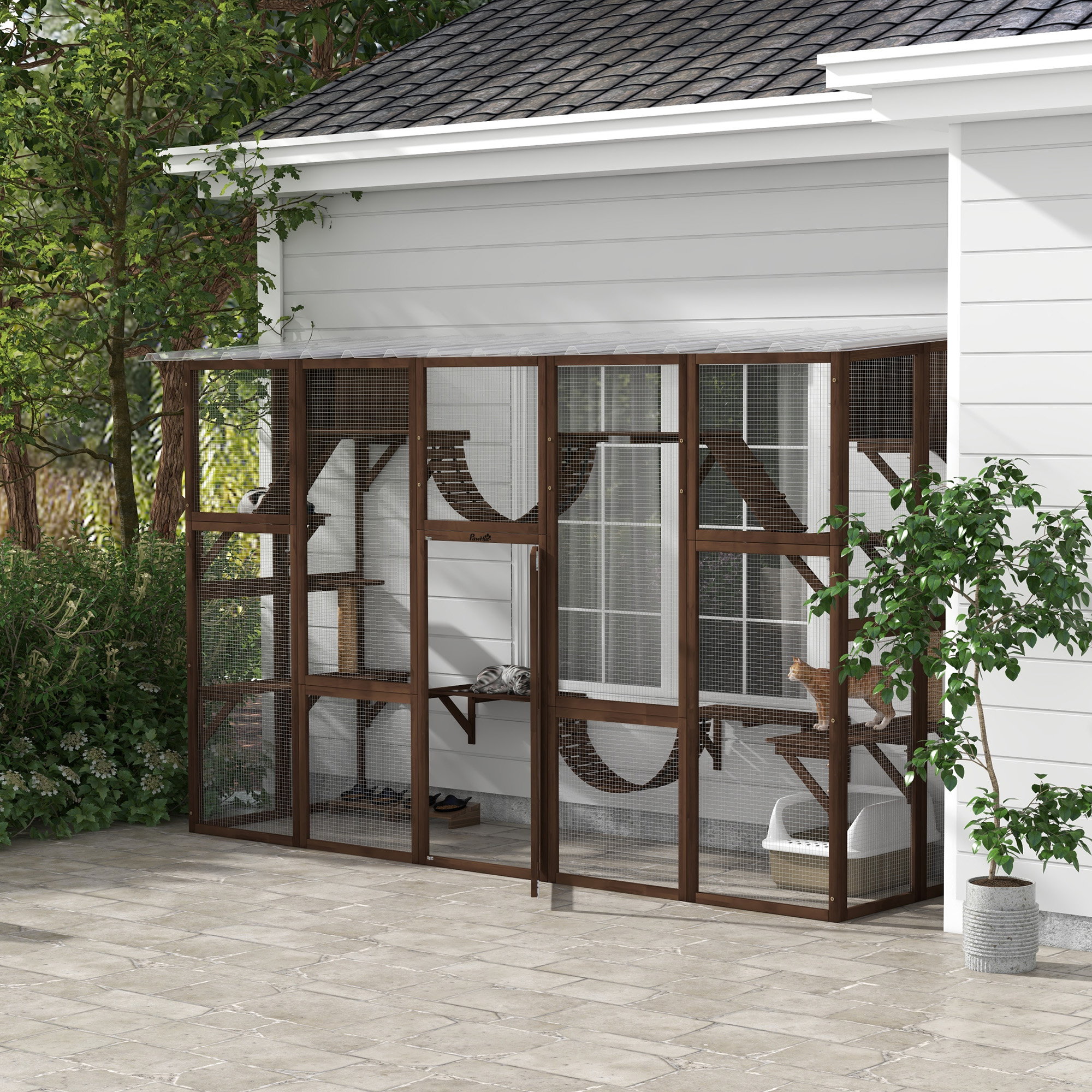 PawHut Large Outdoor Catio with Condos, Platforms, Doors, Ladders ...