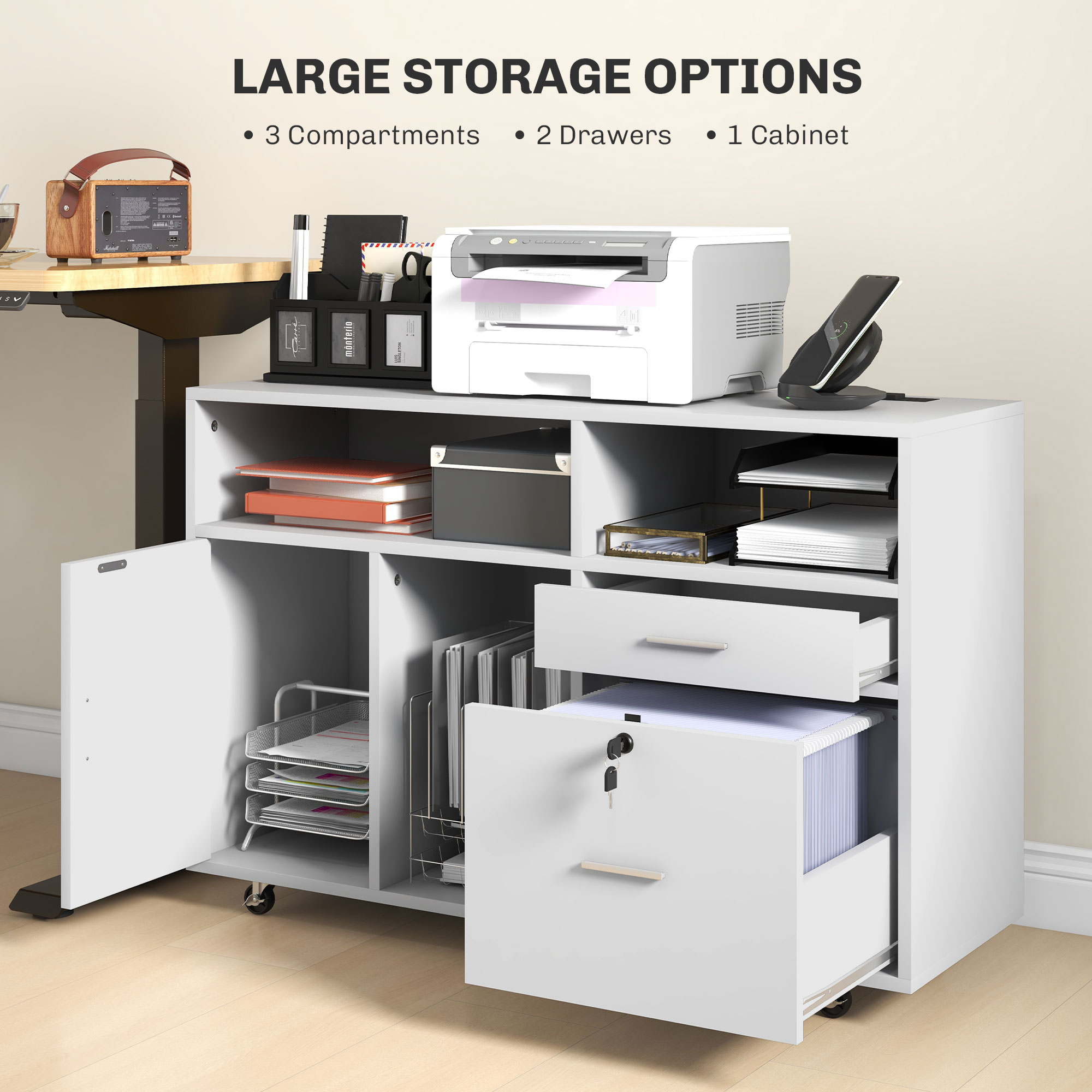 HOMCOM Mobile Printer Stand with Charging Station and USB Ports ...