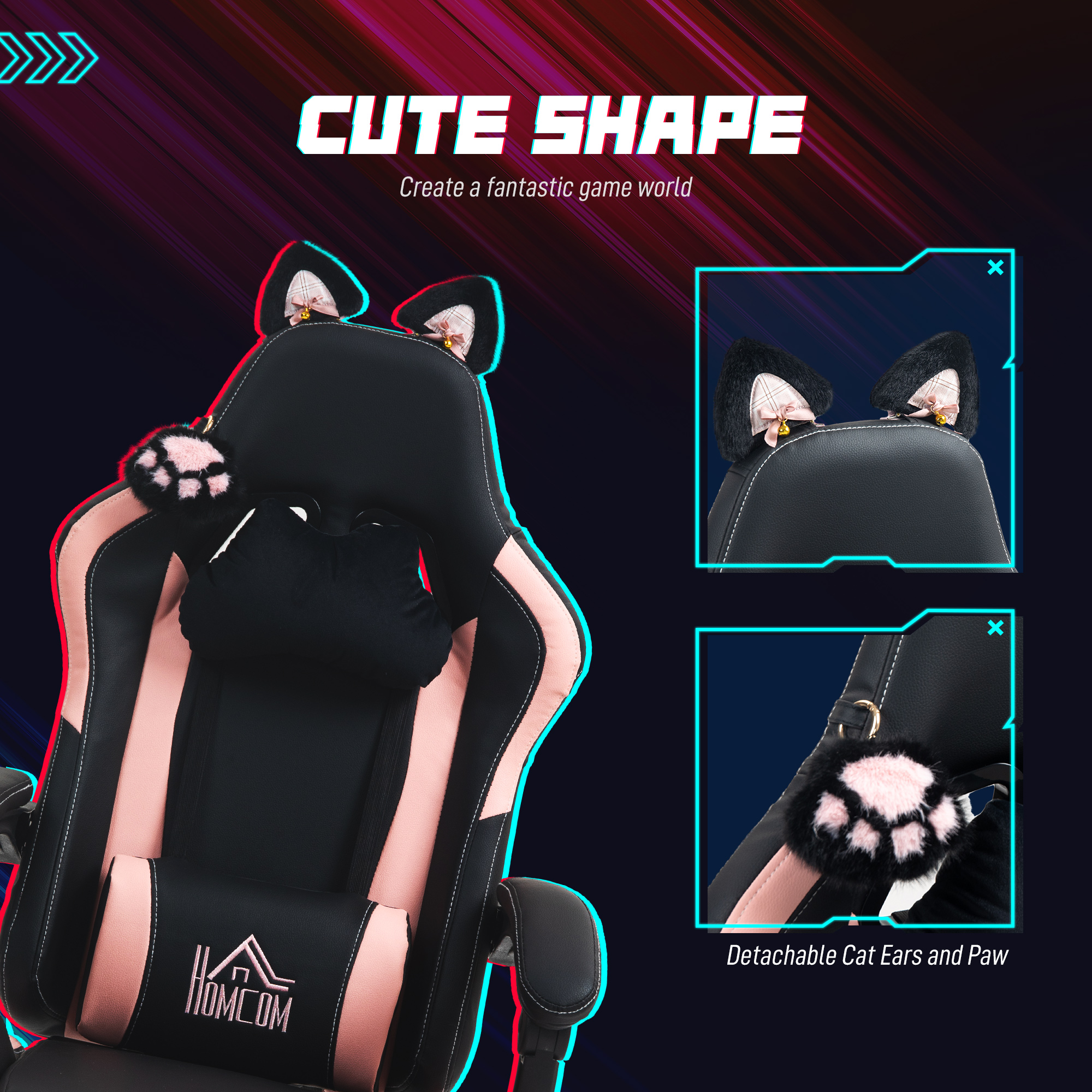 HOMCOM Cute Racing Gamer Chair, Faux Leather Gaming Chair with Footrest ...