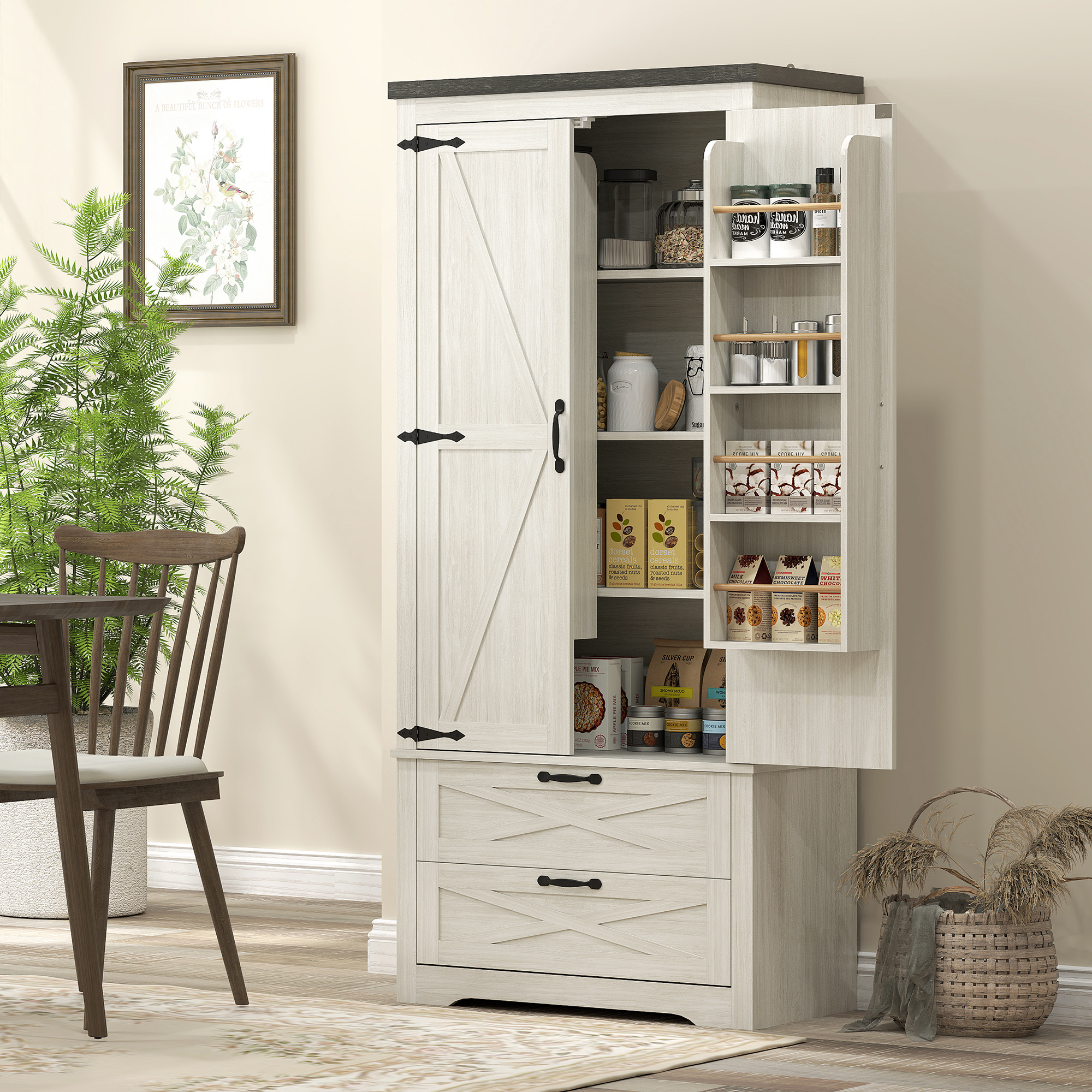 HOMCOM Farmhouse Kitchen Pantry Storage Cabinet, 64" Freestanding ...
