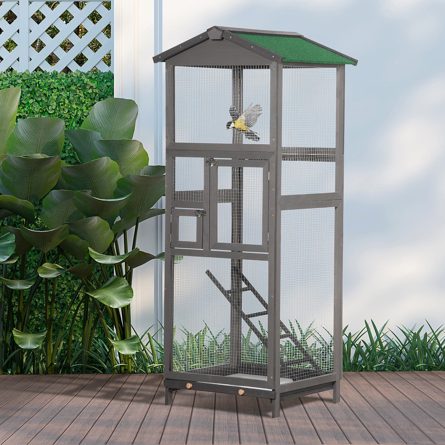 PawHut 65" Wooden Bird Cages Outdoor Finches Aviary Birdcage with Pull ...