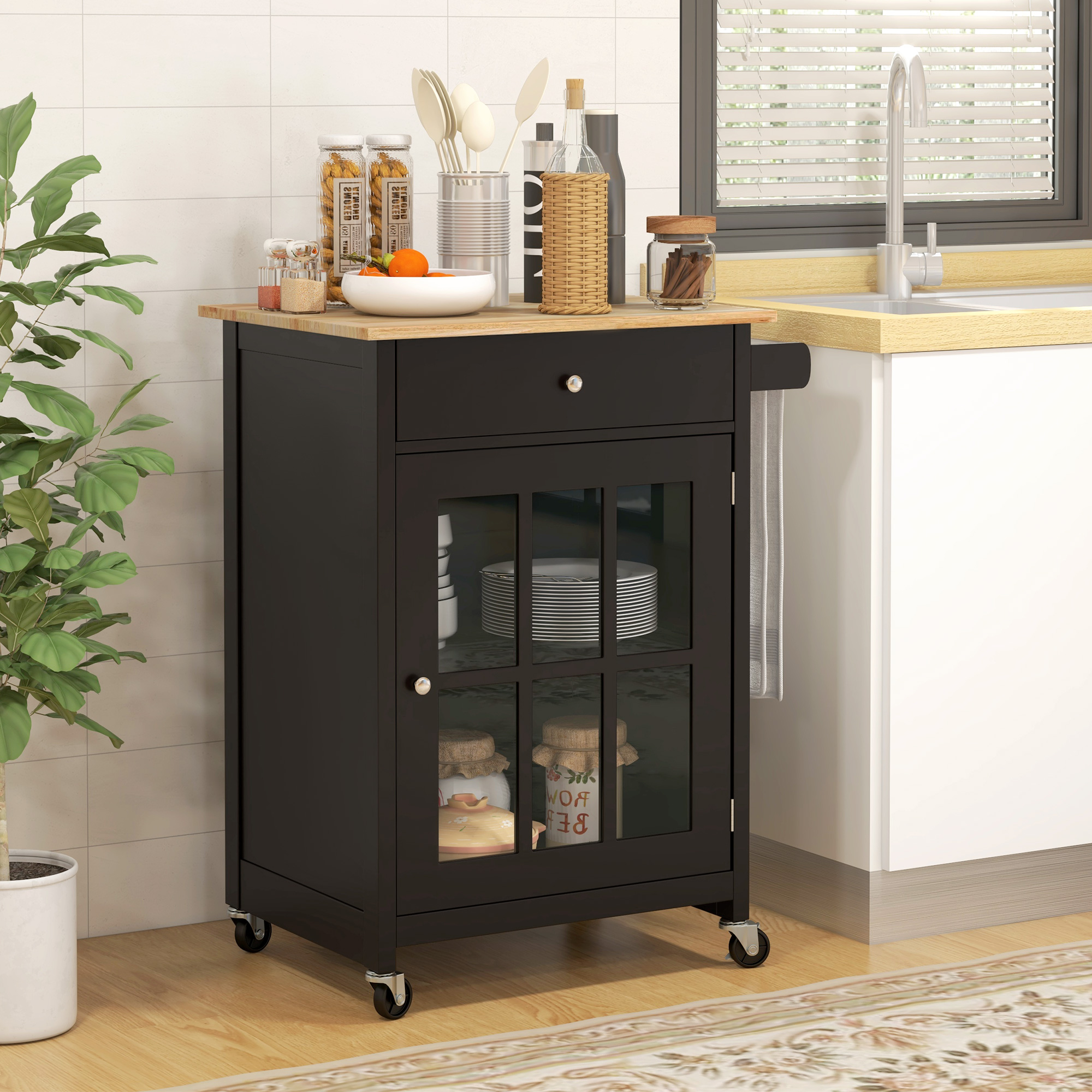 HOMCOM Rolling Kitchen Cart with Drawer and Glass Door Cabinet, Kitchen ...