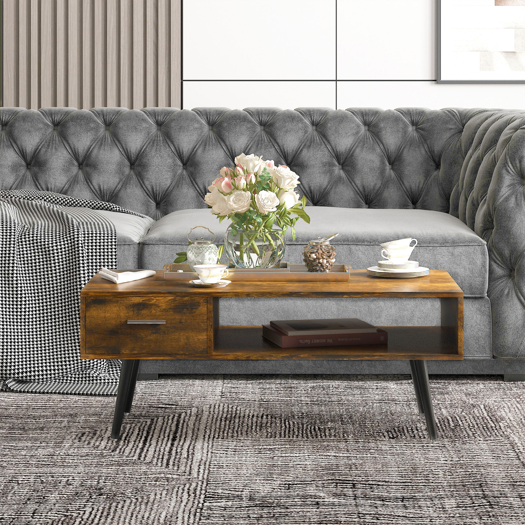 HOMCOM Retro Coffee Table with Storage Shelf and Drawer for Living Room ...