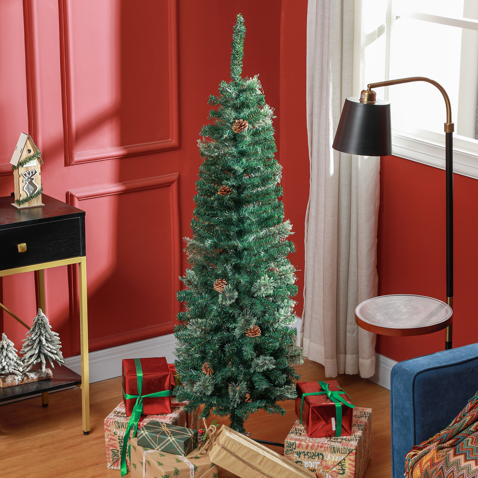 HOMCOM 5ft Pencil Christmas Tree, Artificial Christmas with Pine ...