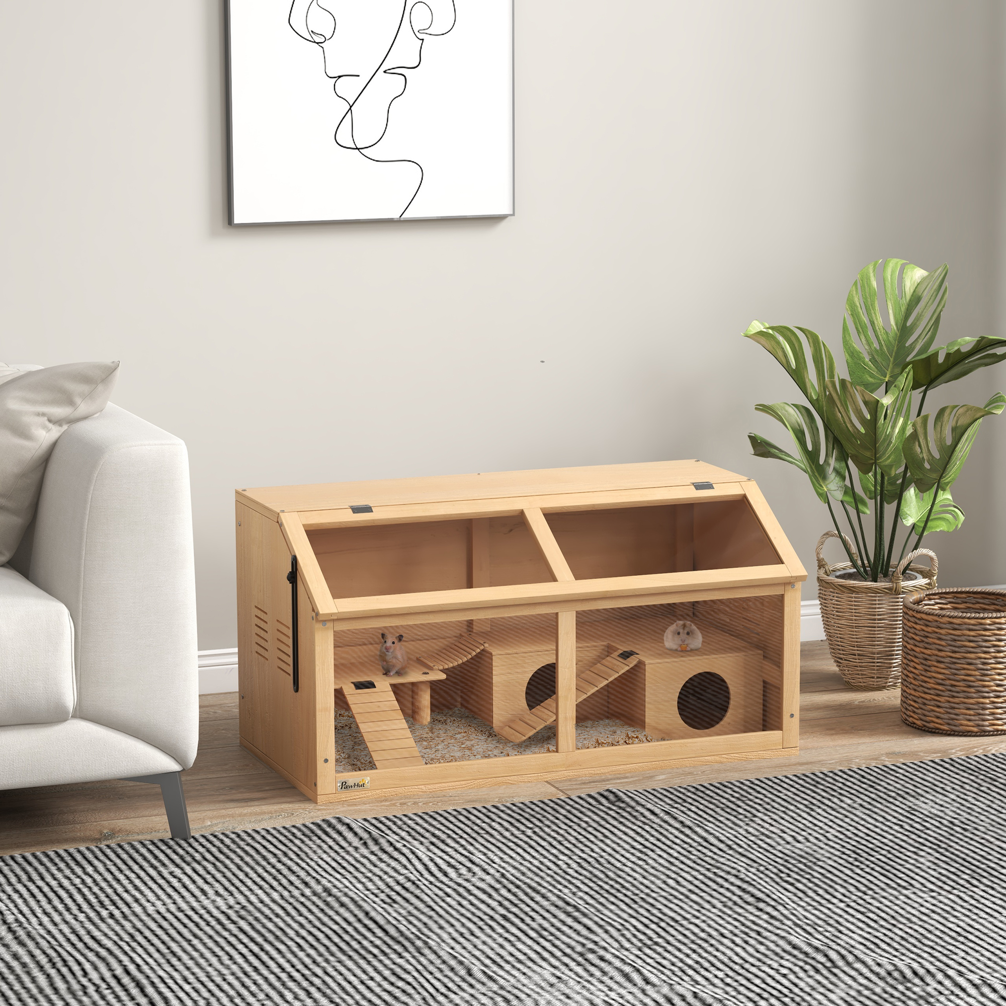 PawHut Rat Cage, Hamster Cage Wooden with Suspension Bridge, Ladders ...