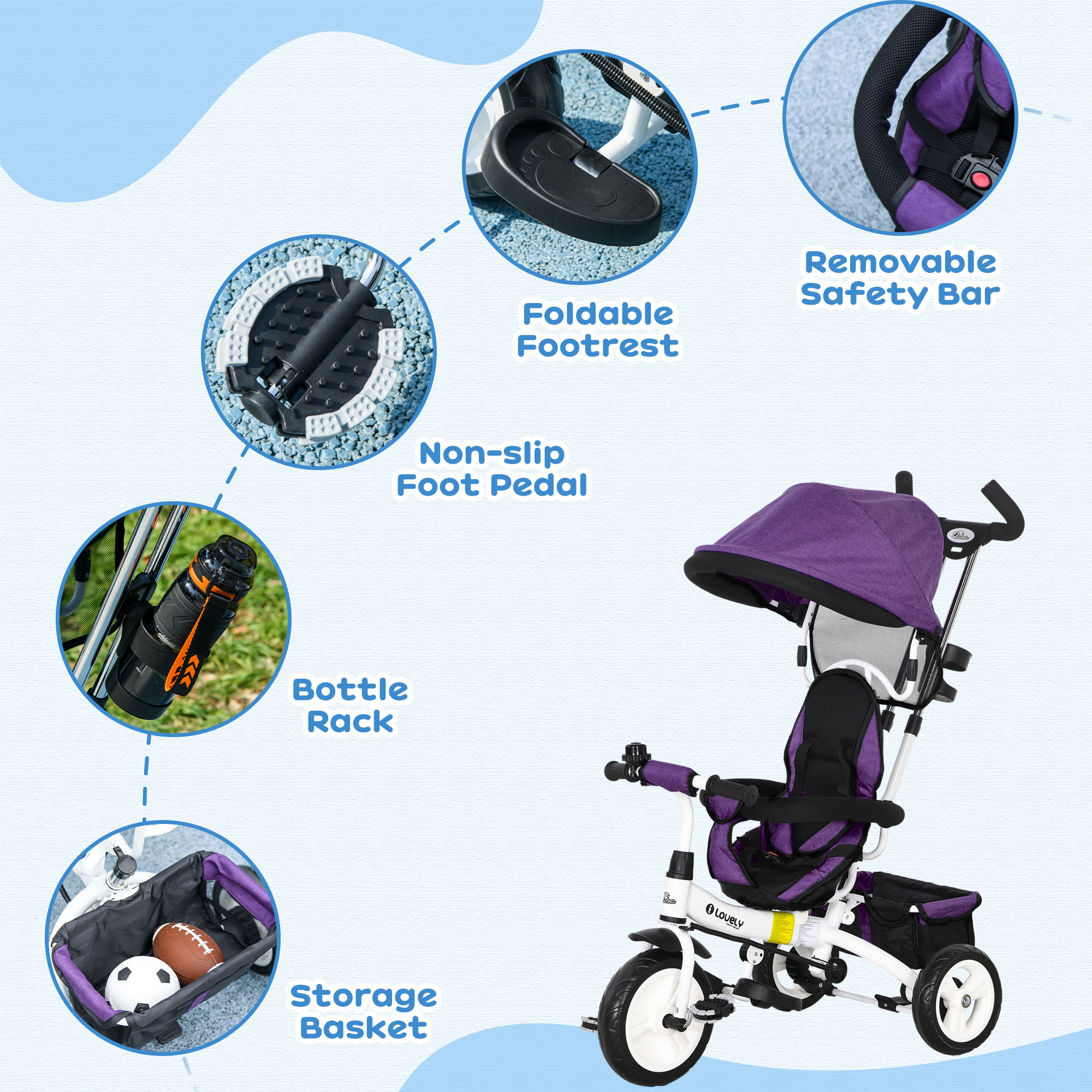 Qaba 4 in 1 Toddler Tricycle Stroller with Basket, Canopy, 5-point ...