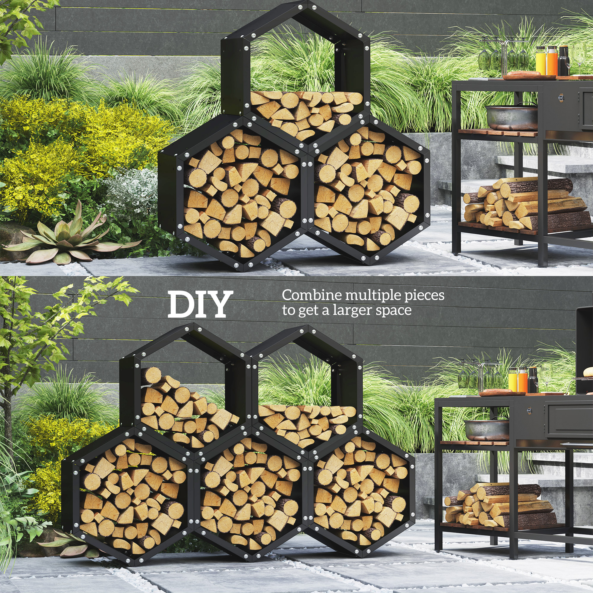 Outsunny Hexagon Firewood Log Rack Heavy-Duty Steel Log Holder for ...