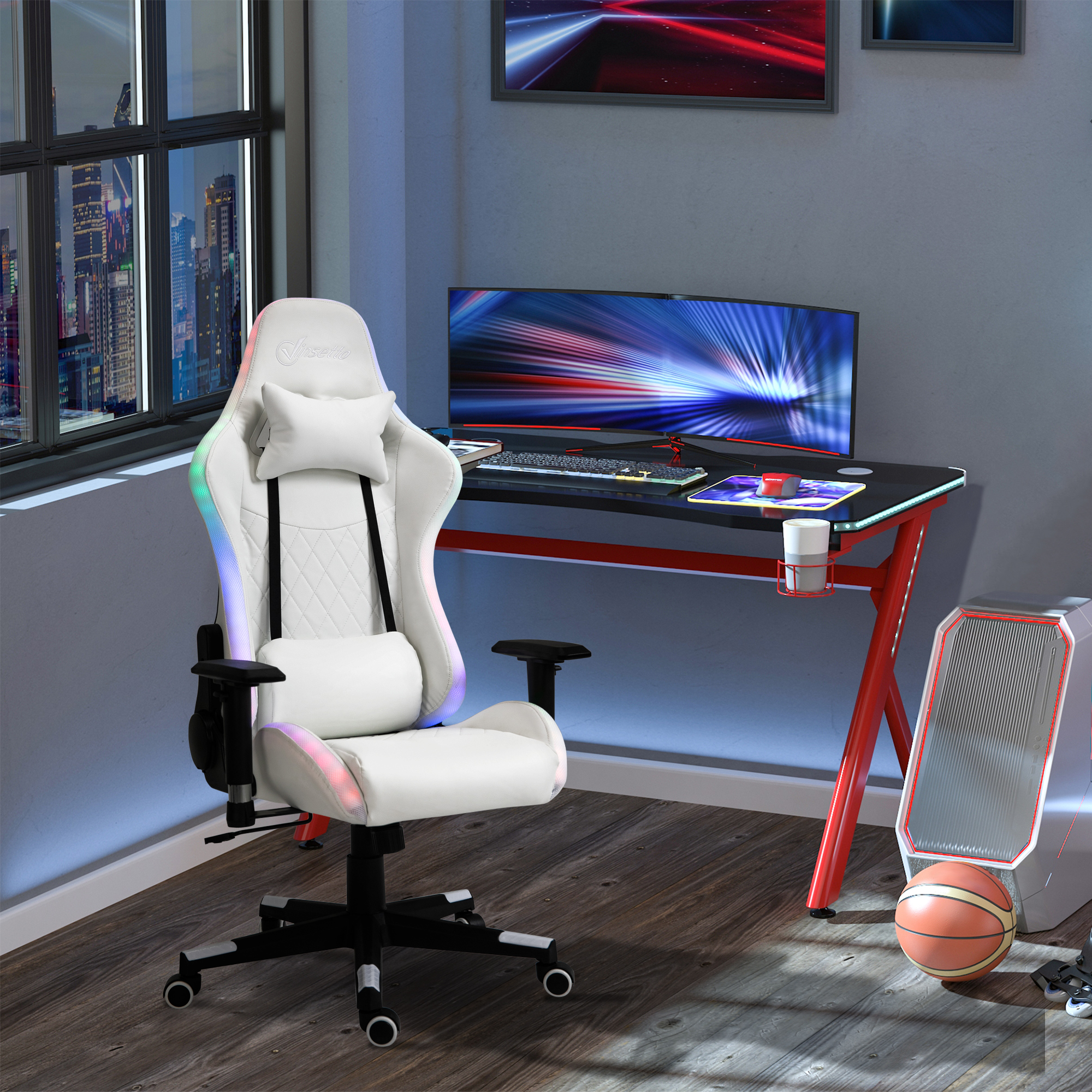Vinsetto Gaming Chair with RGB LED Light 2D Arm Lumbar Support Swivel Home Office Computer Recliner High Back Racing Gamer Desk Chair White w Recliner Aosom