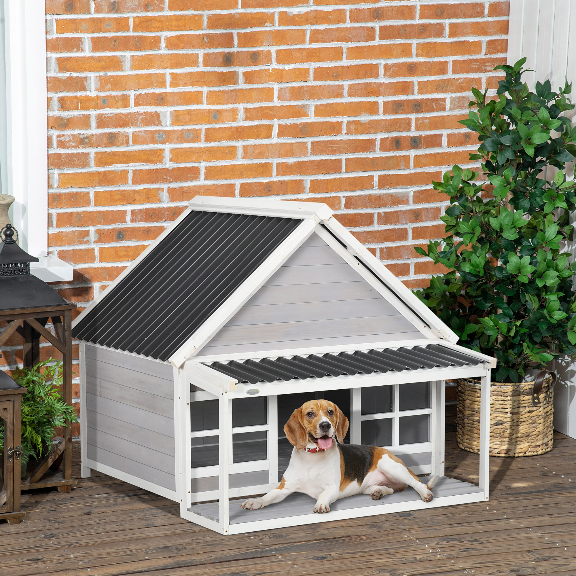PawHut Wooden Dog House Outdoor with Porch, Cabin Style Raised Dog ...
