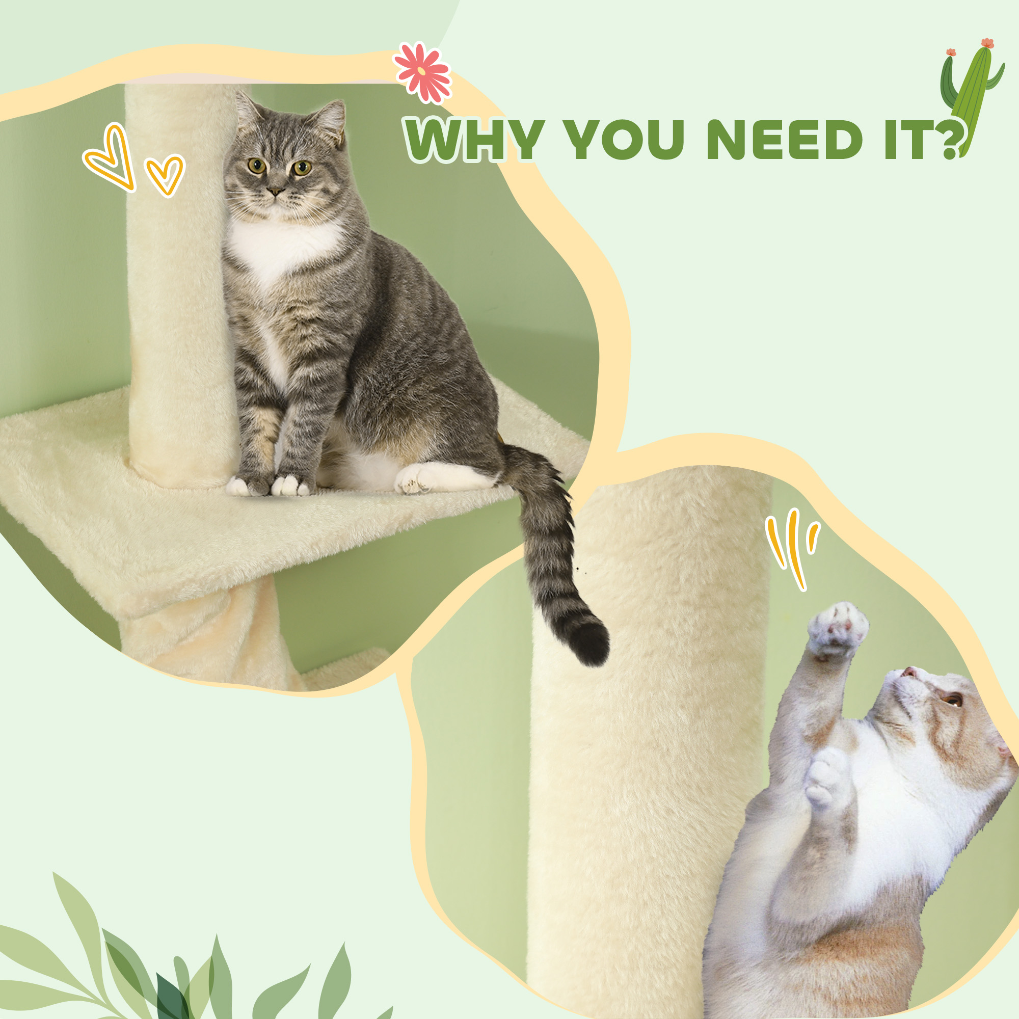 PawHut 89"-108" Floor to Ceiling Cat Tree with Scratching Post, Hand ...