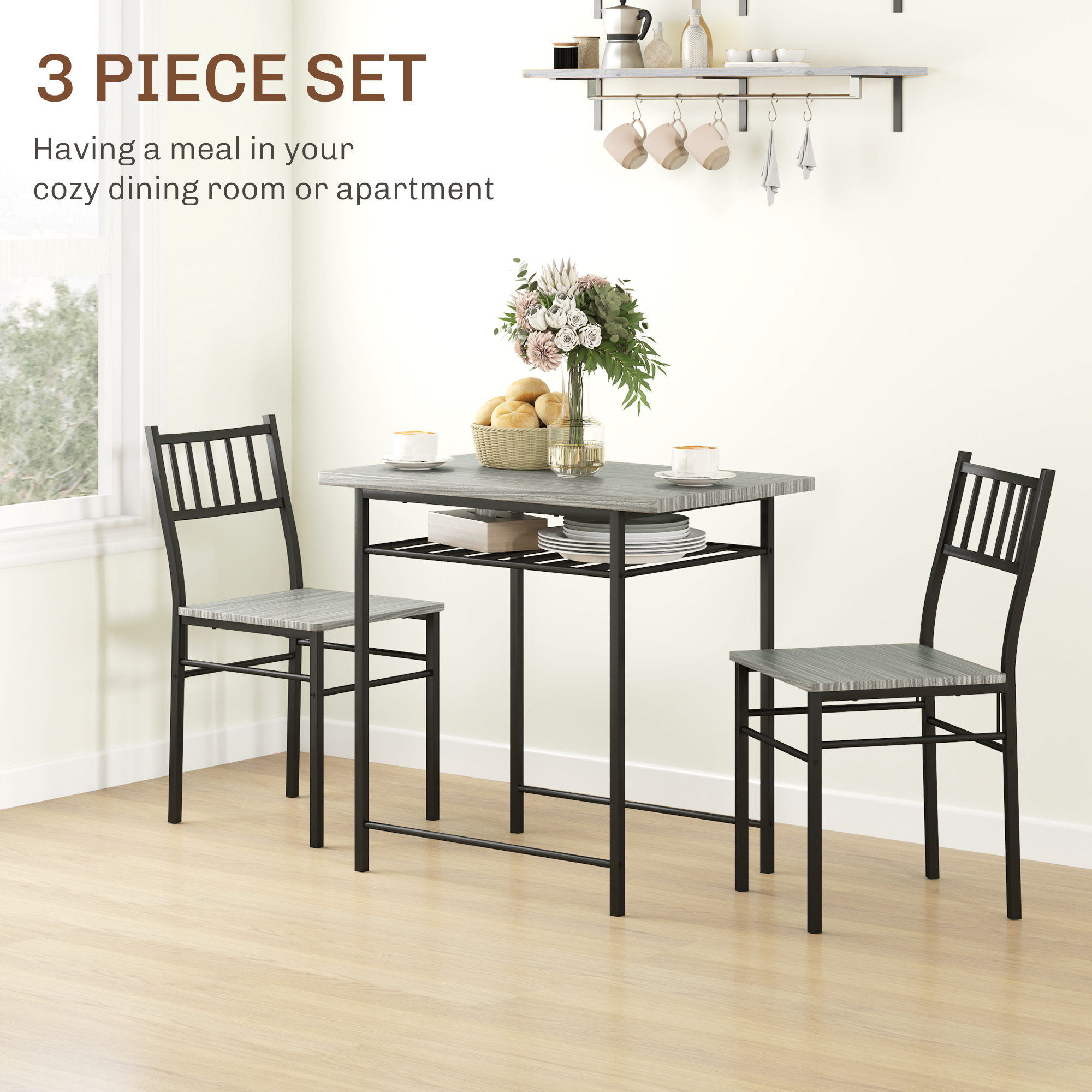 HOMCOM 3-Piece Small Dining Table Set for 2, Kitchen Table and Chairs ...