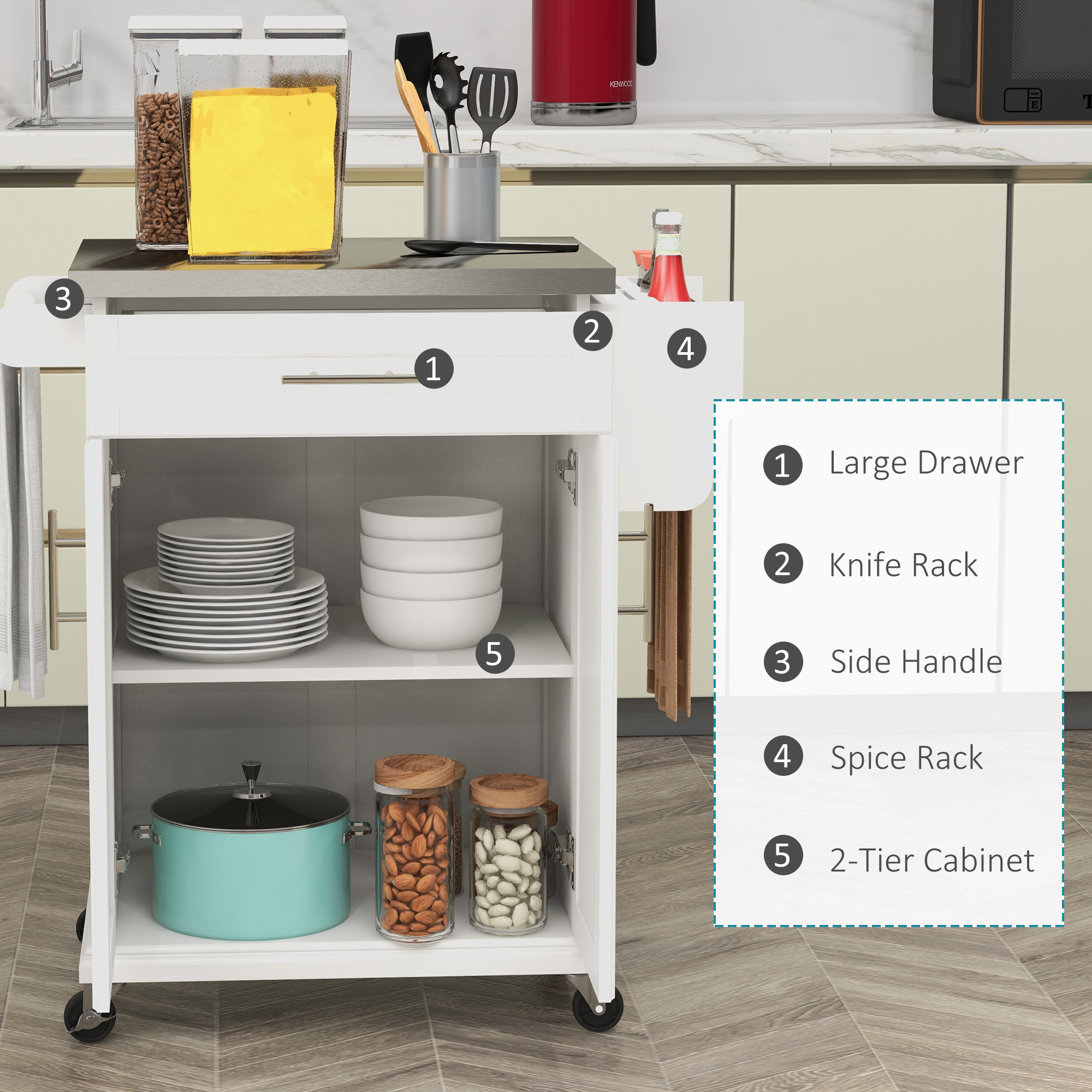 HOMCOM Kitchen Island with Wheels, Rolling Kitchen Island with Storage ...