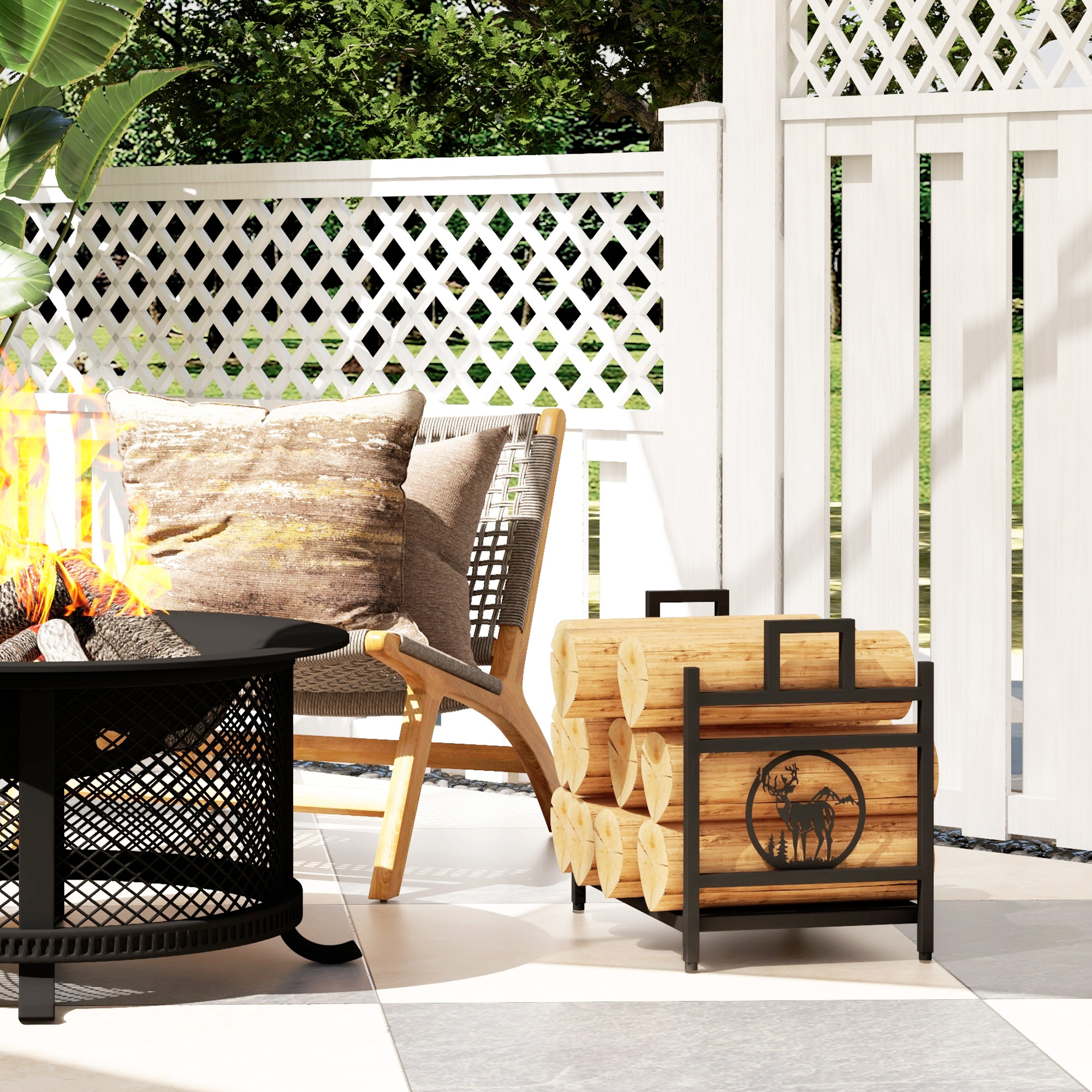 Outsunny Decorative Firewood Rack Outdoor Indoor Steel Wood Storage Log ...