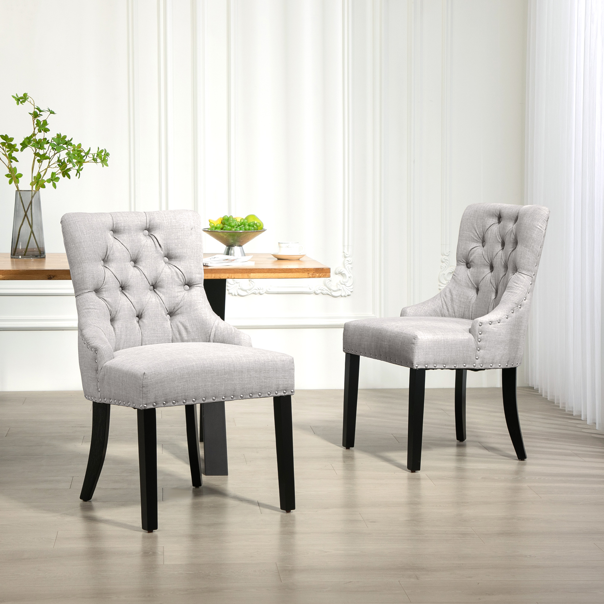 HOMCOM Swoop Air Linen Fabric Dining Chair Set of 2 with Nailhead Trim ...