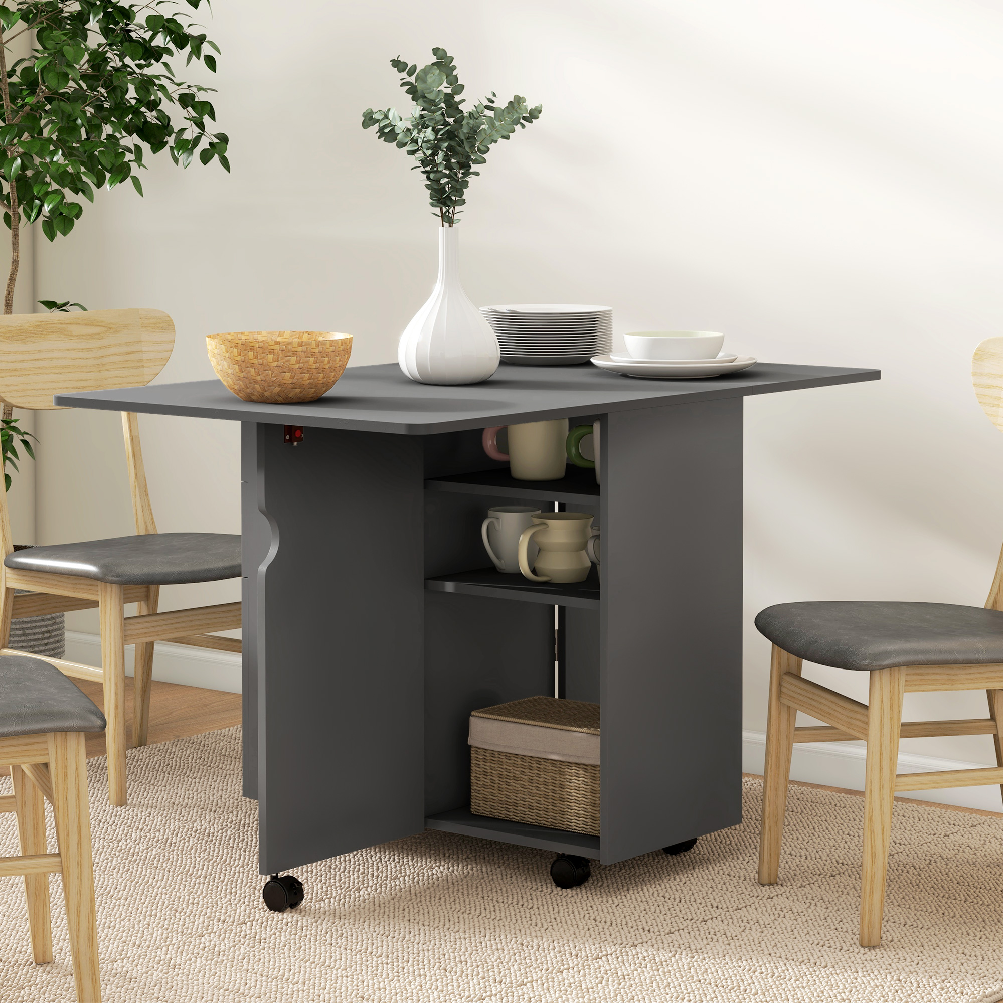 HOMCOM Extendable Dining Table, Drop Leaf Table with 2 Drawers, Cabinet ...