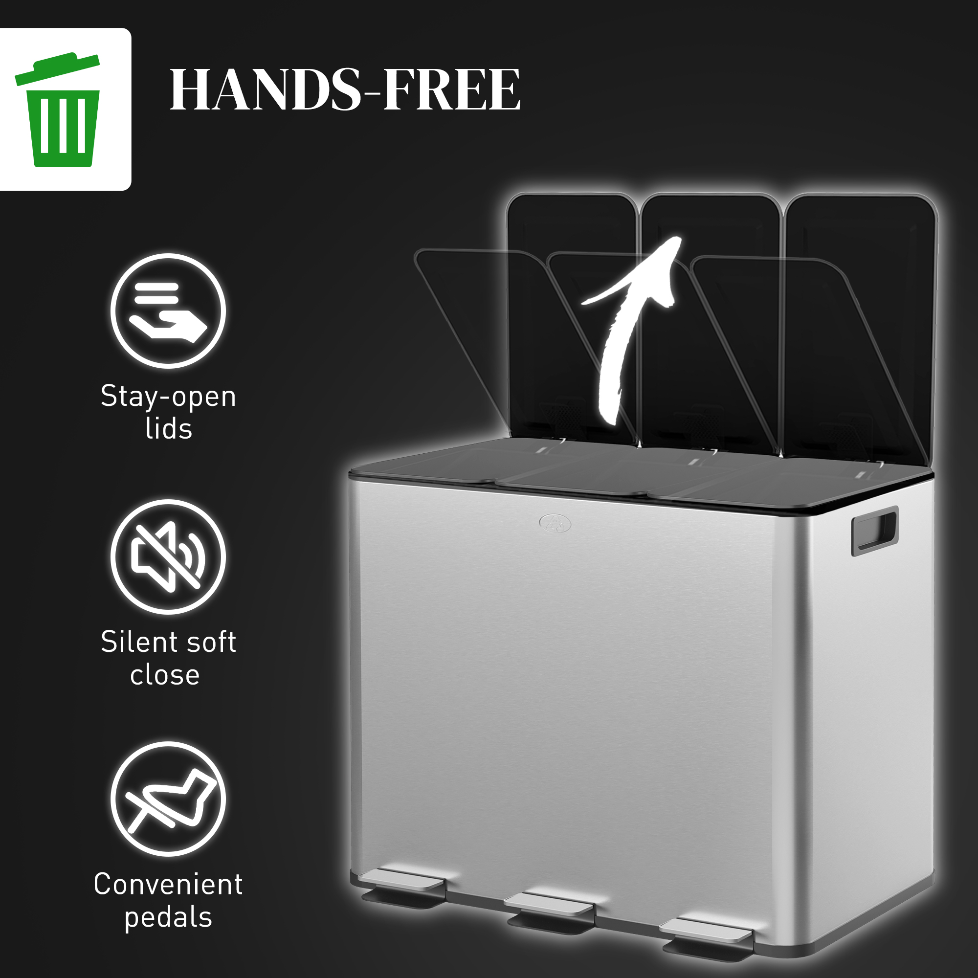 HOMCOM Triple Garbage Bin, Soft-Close Trash Can with Foot Pedal, 3 x 20 ...