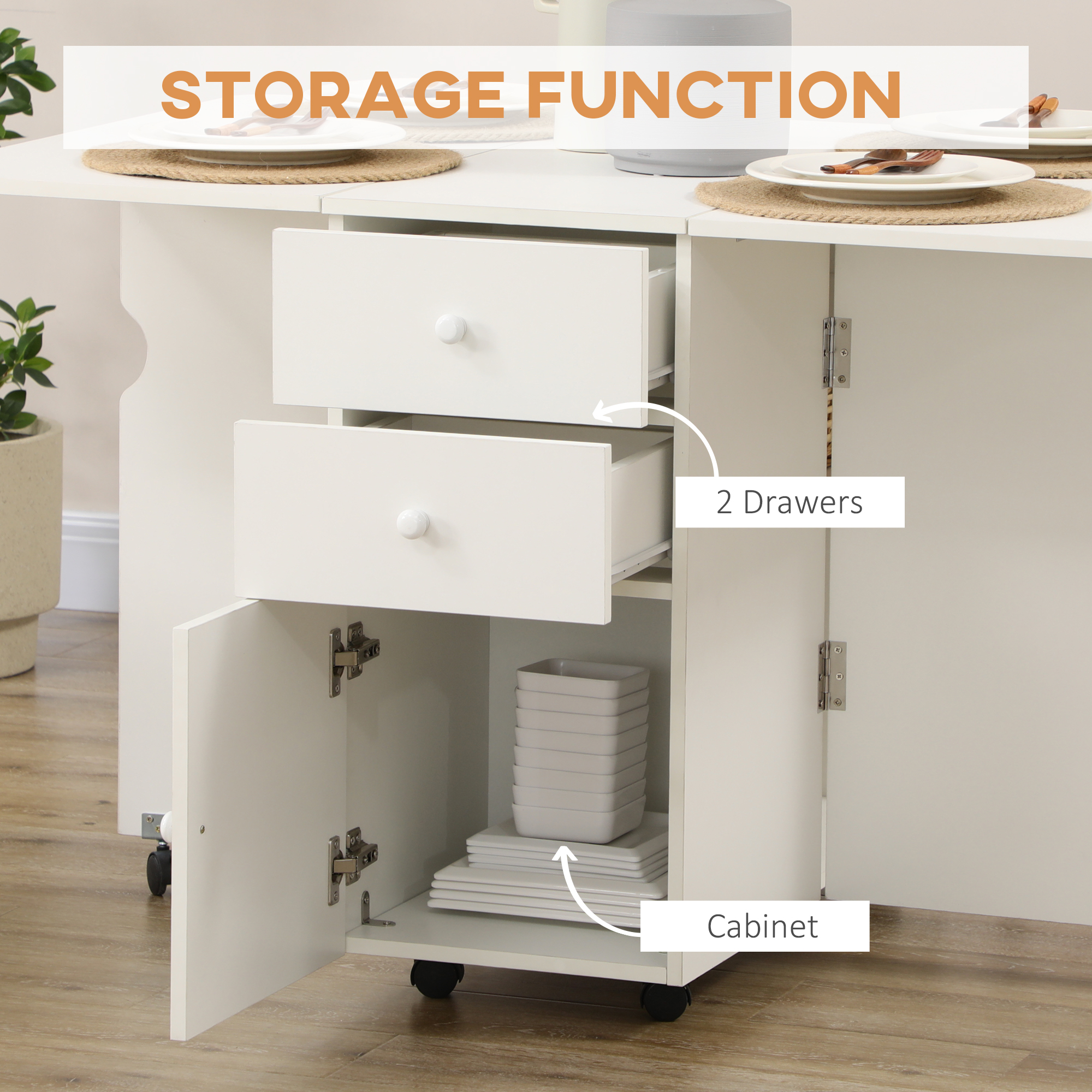 HOMCOM Extendable Dining Table, Drop Leaf Table with 2 Drawers, Cabinet ...