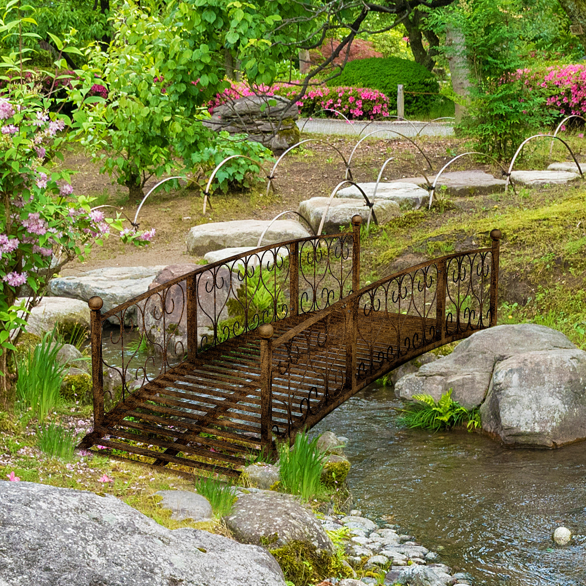 Outsunny 7' Metal Arch Garden Bridge Arc Footbridge with Side Railings ...
