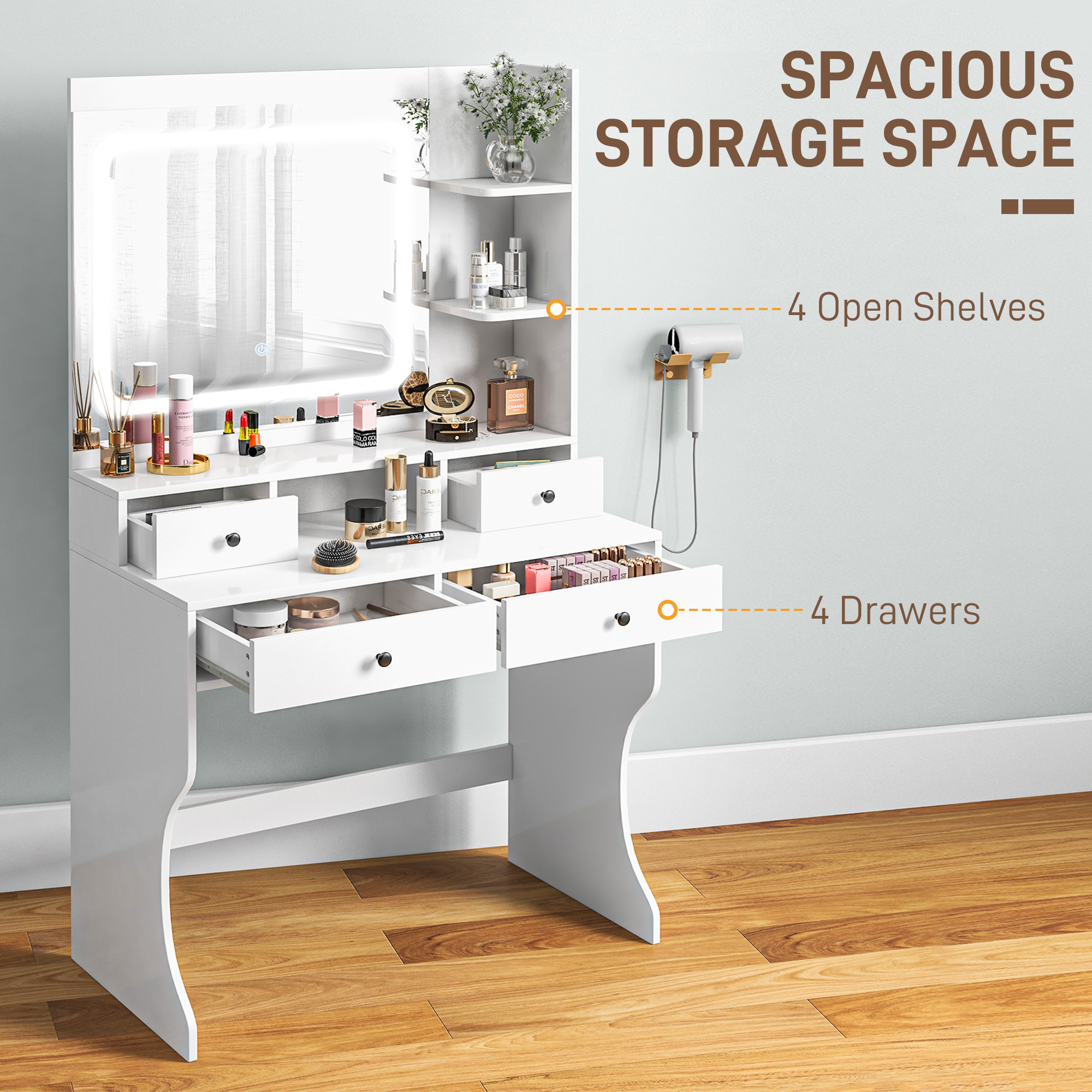 HOMCOM Dressing Table with Lighted Mirror, Vanity Table with Charging ...