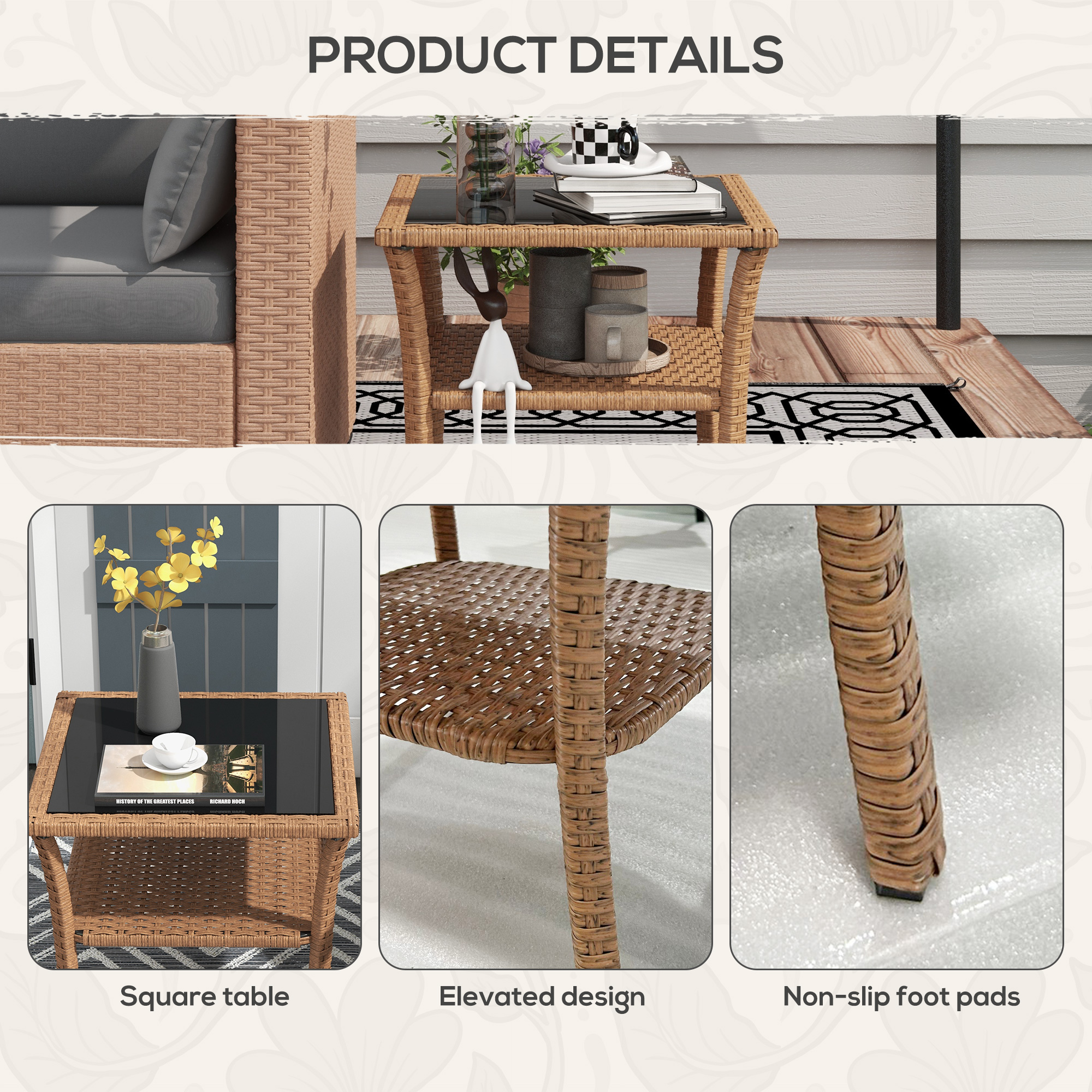 Outsunny Outdoor Wicker Coffee Table, Rattan Patio Furniture with 2 ...