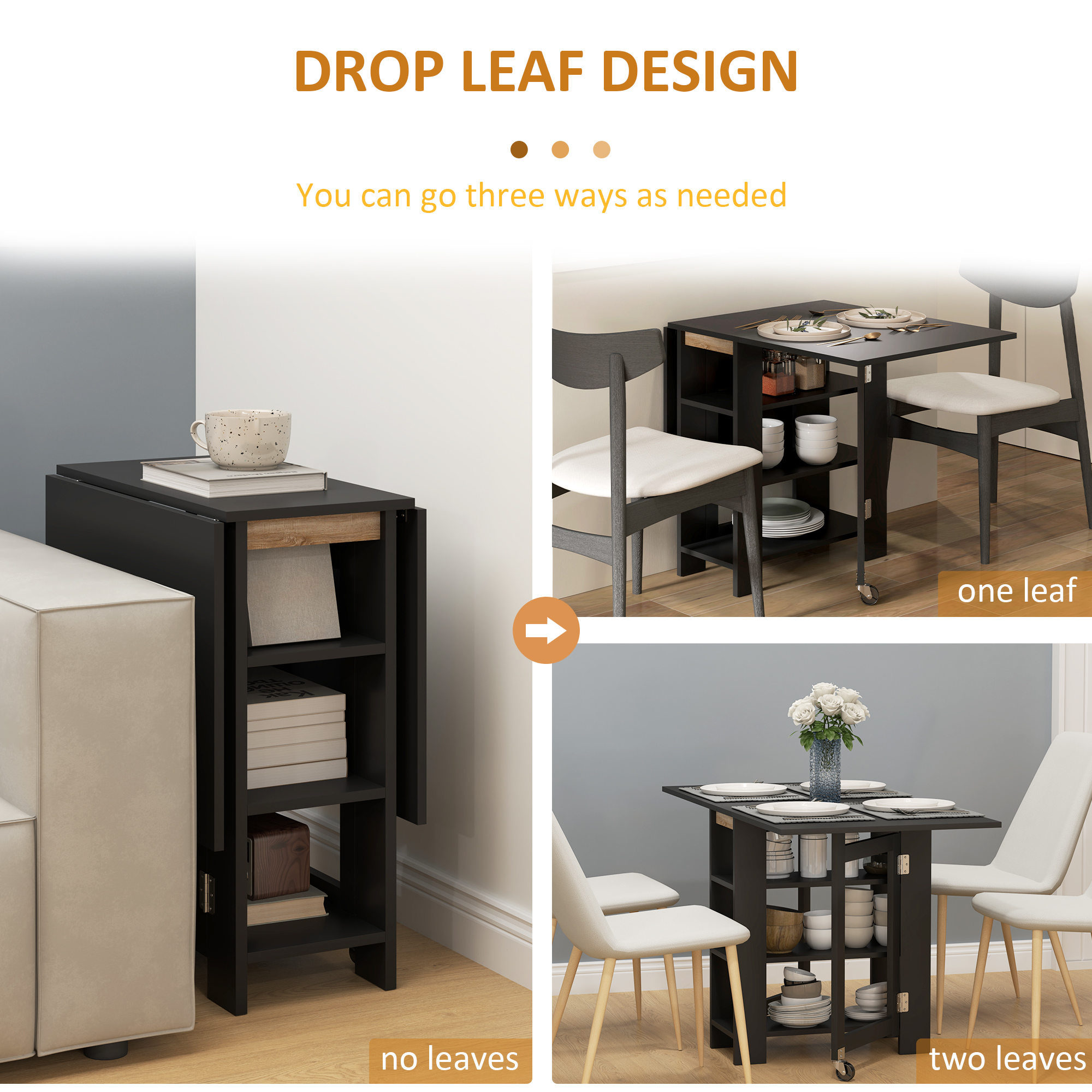HOMCOM Folding Dining Table with Storage, Drop Leaf Kitchen Table for ...