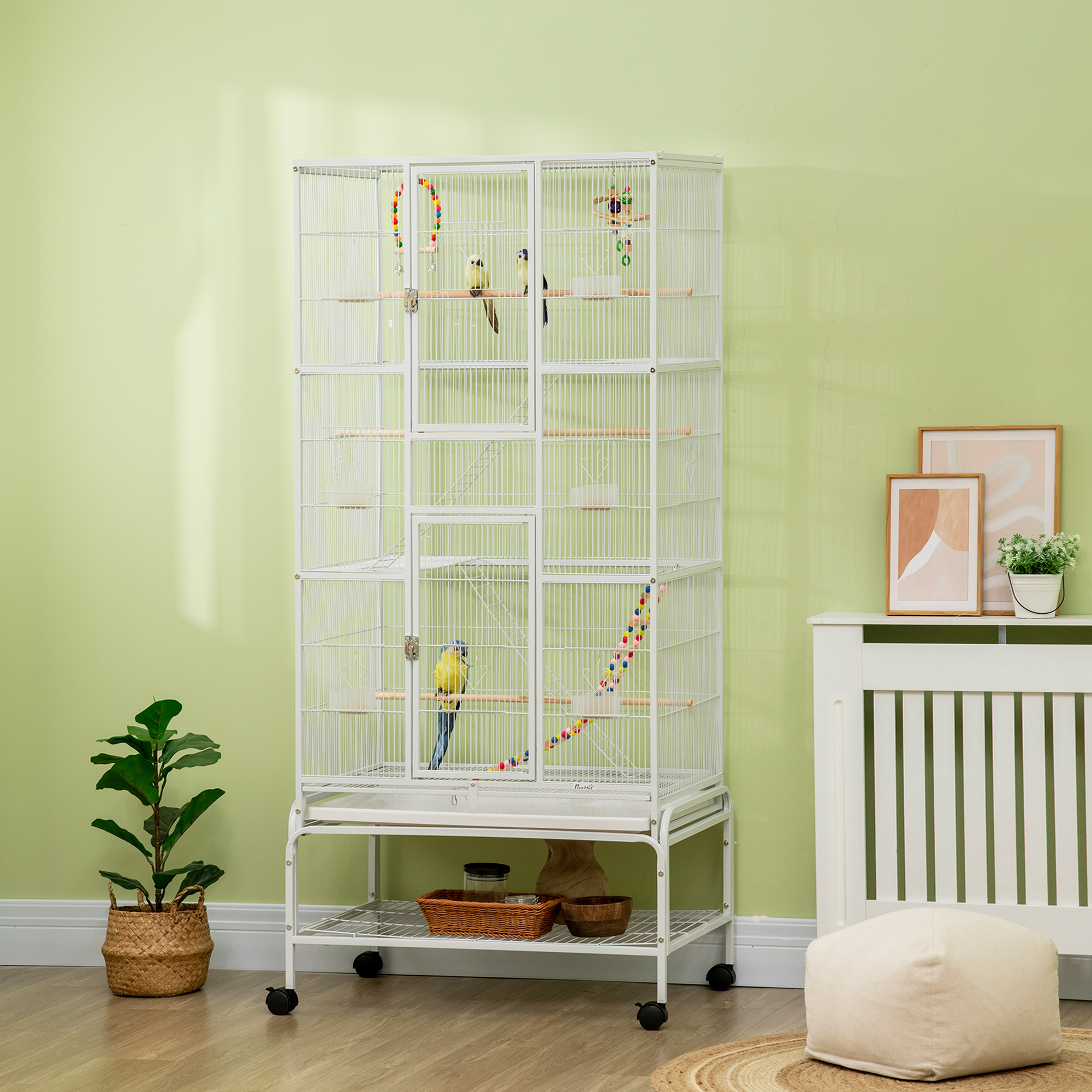PawHut 71" Bird Cage with Wheels Perches, Ramp, Storage Shelf, Toys for ...