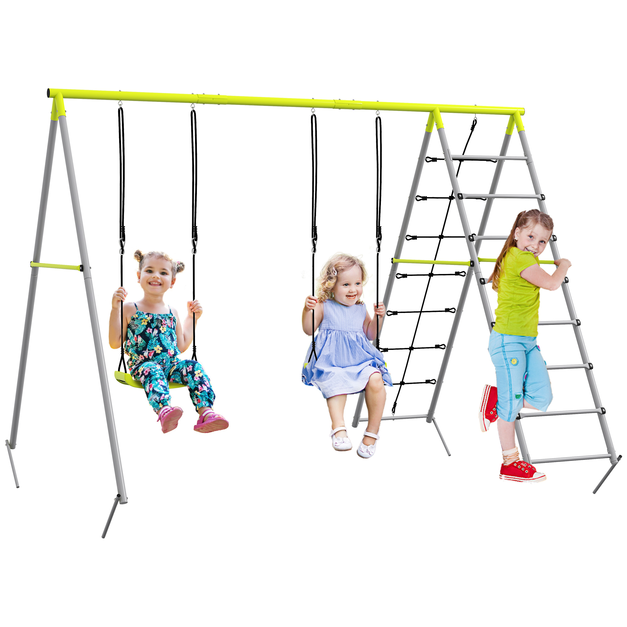Outsunny 4 in 1 Metal Swing Set with Double Swings, Climber, Climbing ...