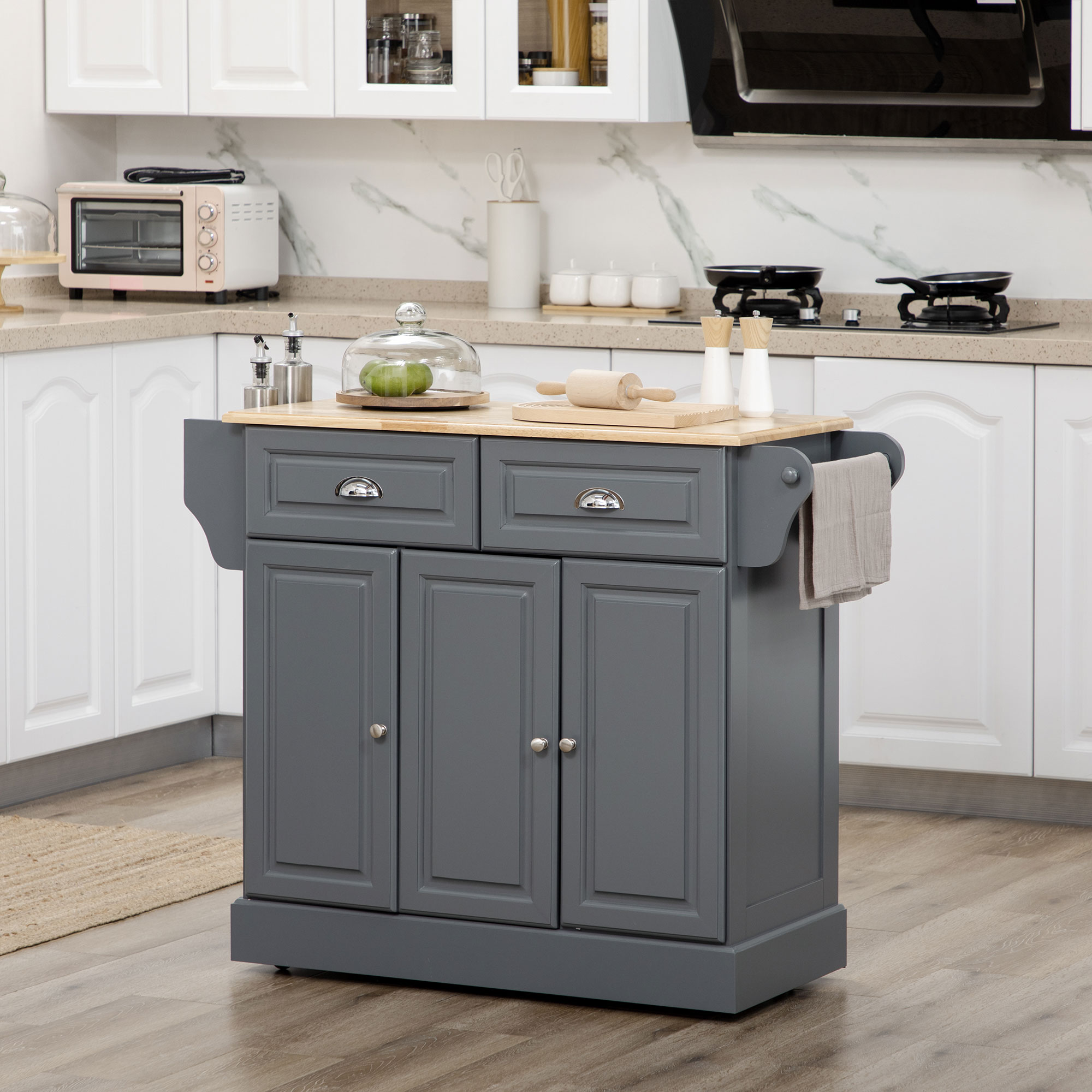 HOMCOM Triple-Cabinet Kitchen Island on Wheels, Kitchen Storage Cabinet ...