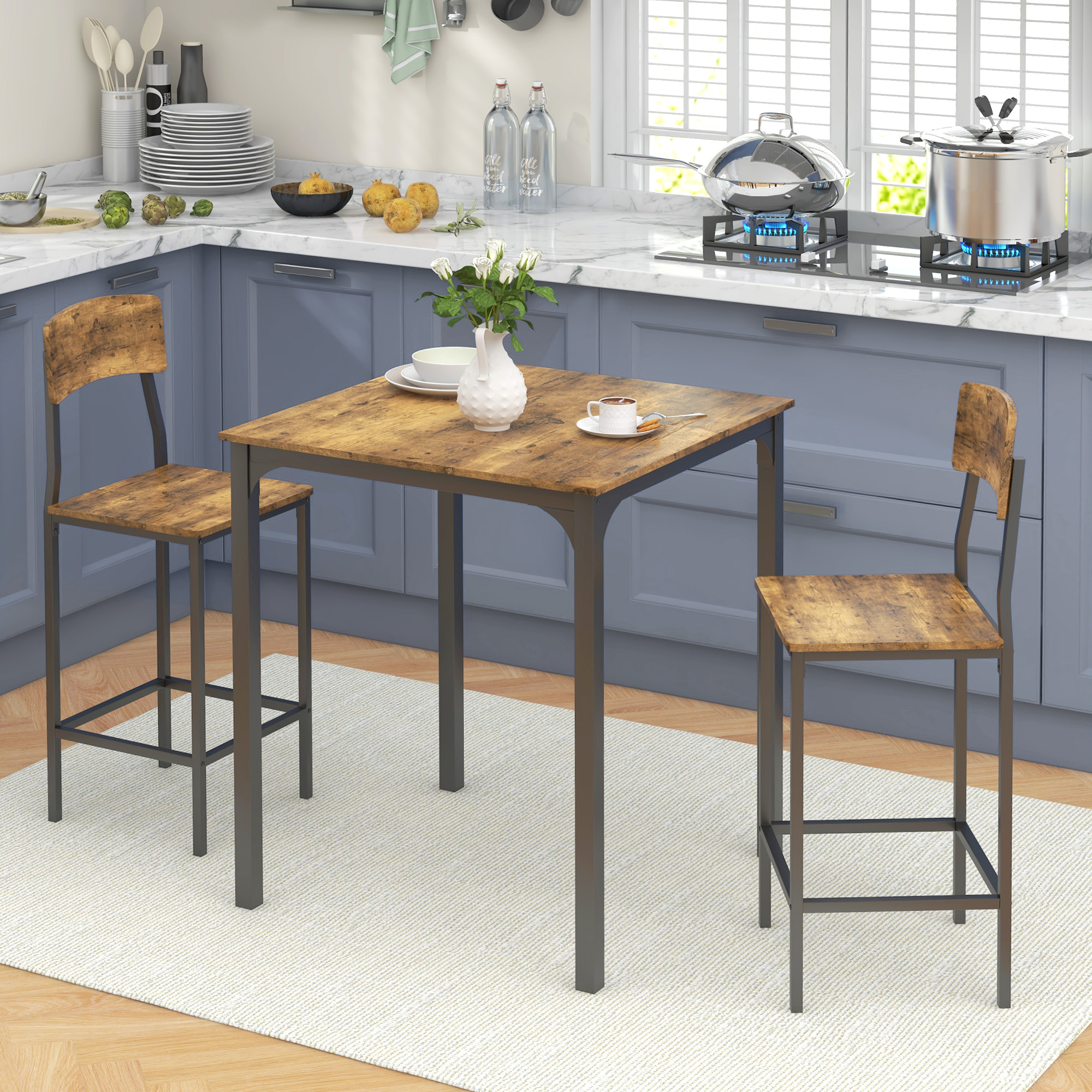 HOMCOM 3 Piece Pub Table and Chairs, Small Kitchen Table and Chairs ...