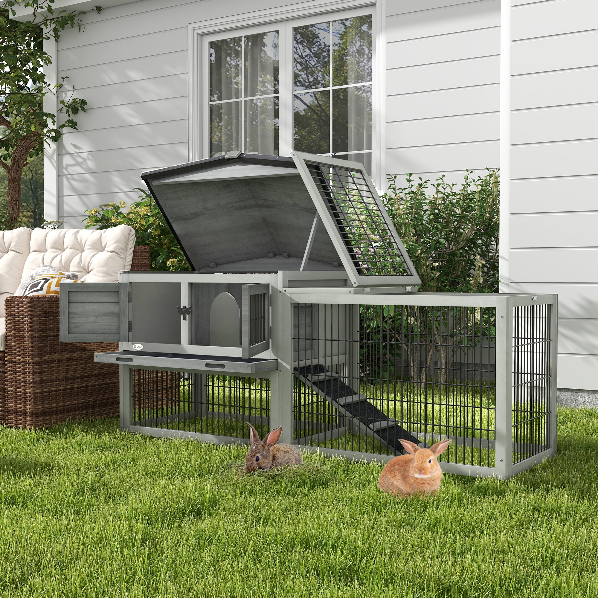 PawHut Wood Rabbit Hutch w/ Ramp, Openable Roof, Pull-out Tray, Light ...