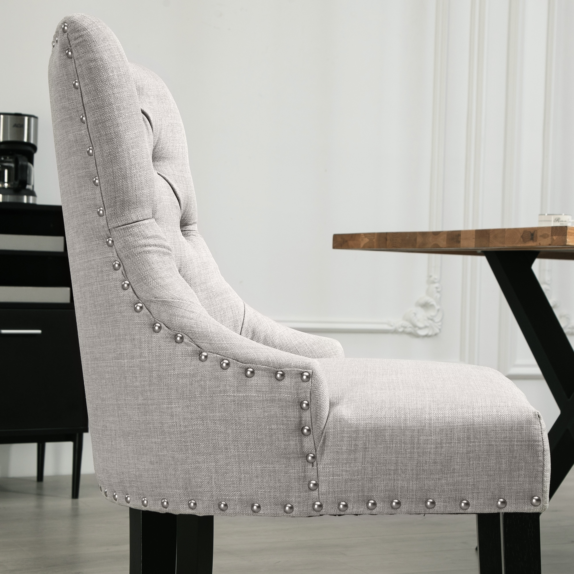 HOMCOM Swoop Air Linen Fabric Dining Chair Set of 2 with Nailhead Trim ...