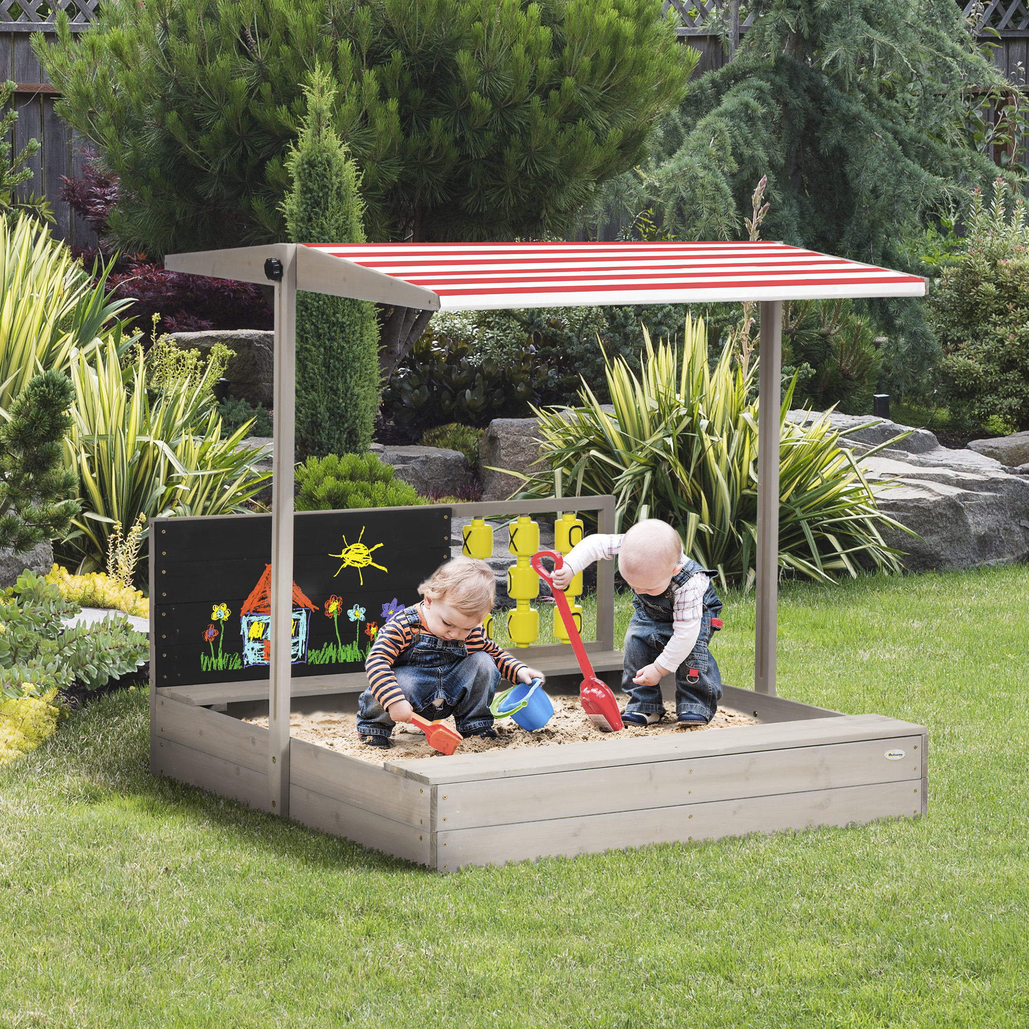 Outsunny Kids Wooden Sandbox with Adjustable Canopy, Bench Seats ...