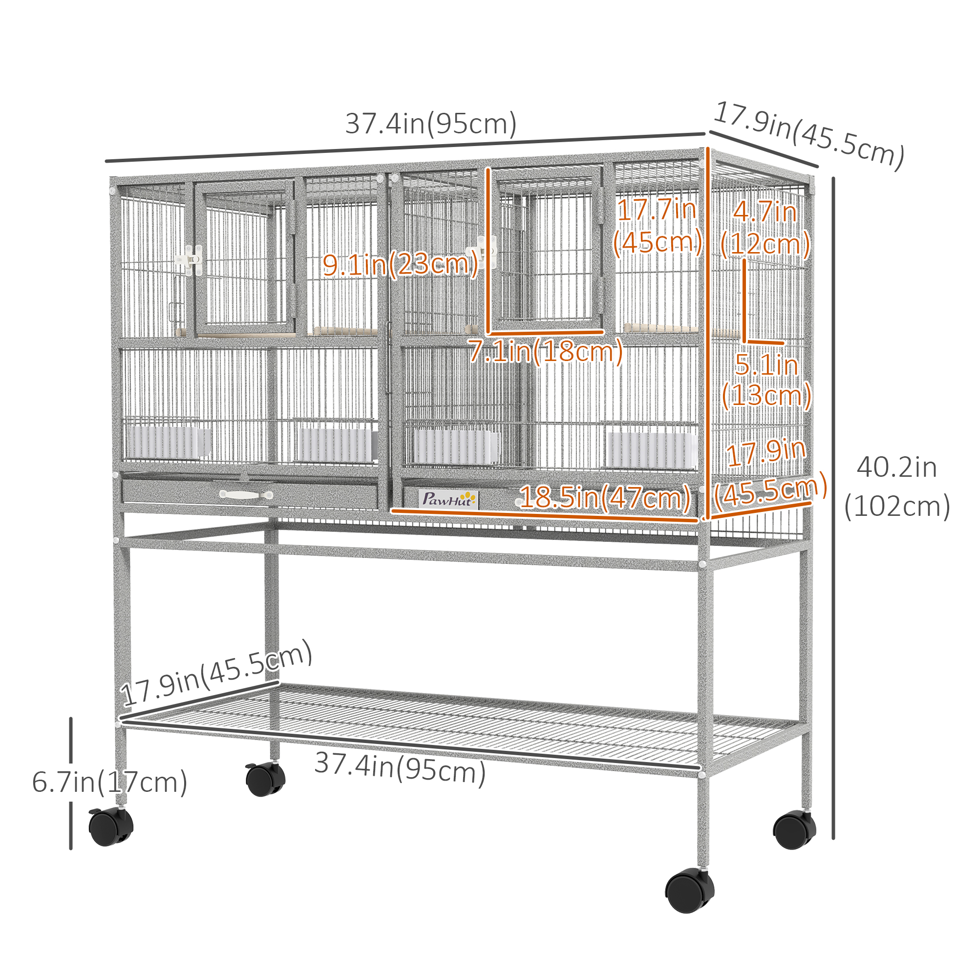 PawHut Large Double Rolling Metal Bird Cage Bird House w/ Removable ...