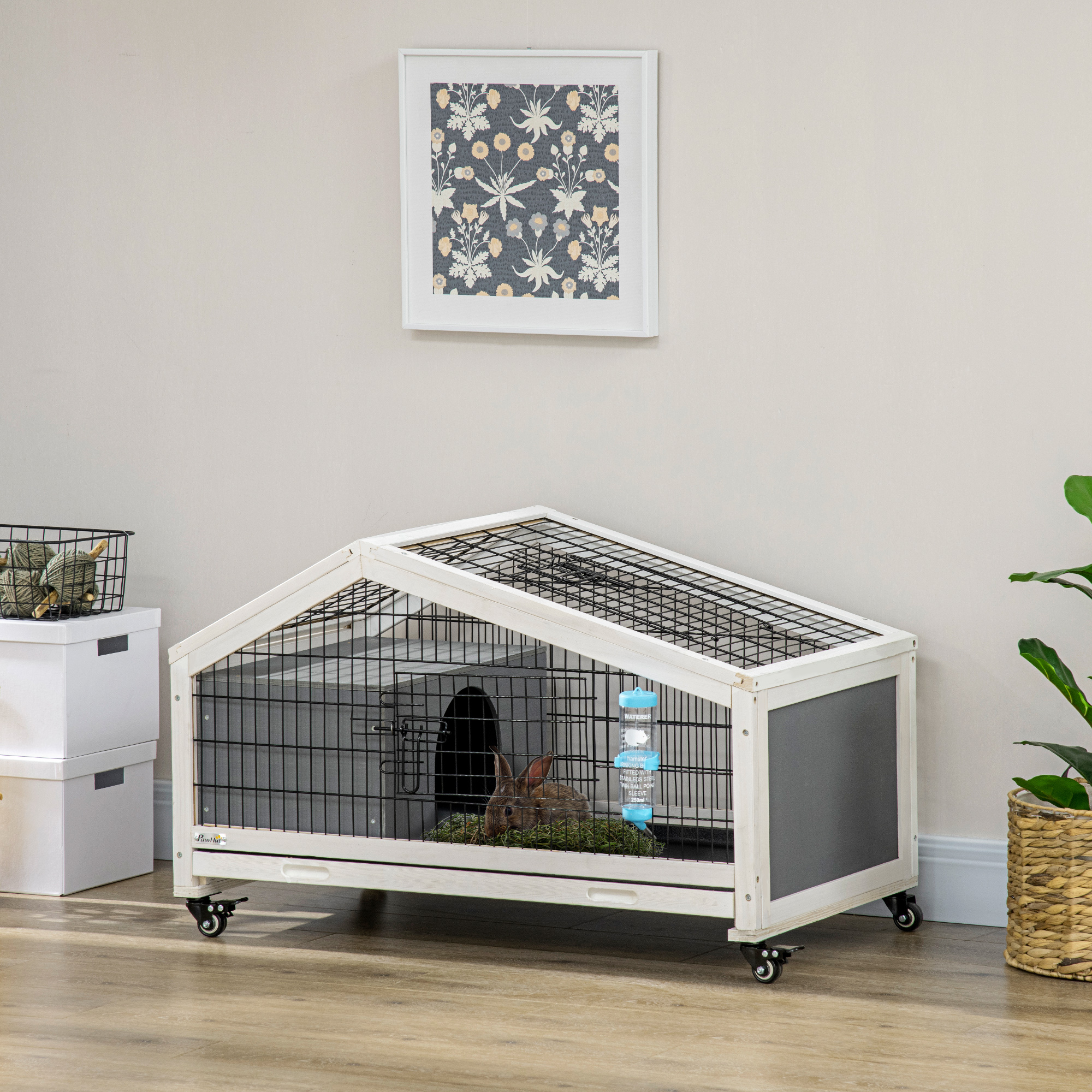 PawHut 35" Wooden Rabbit Hutch with No-leak Tray, Pet Playpen with ...