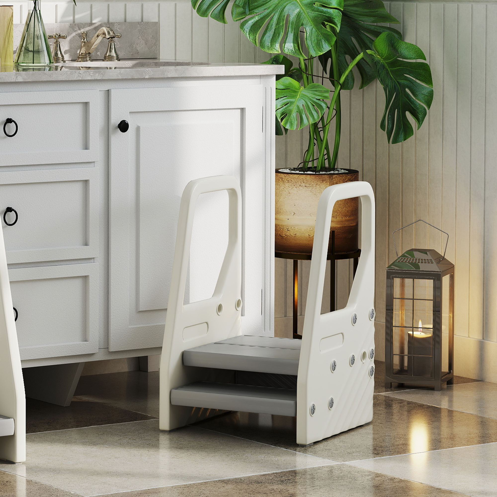 Qaba Adjustable 3 Step Toddler Tower with Handles, Non-slip Surface ...