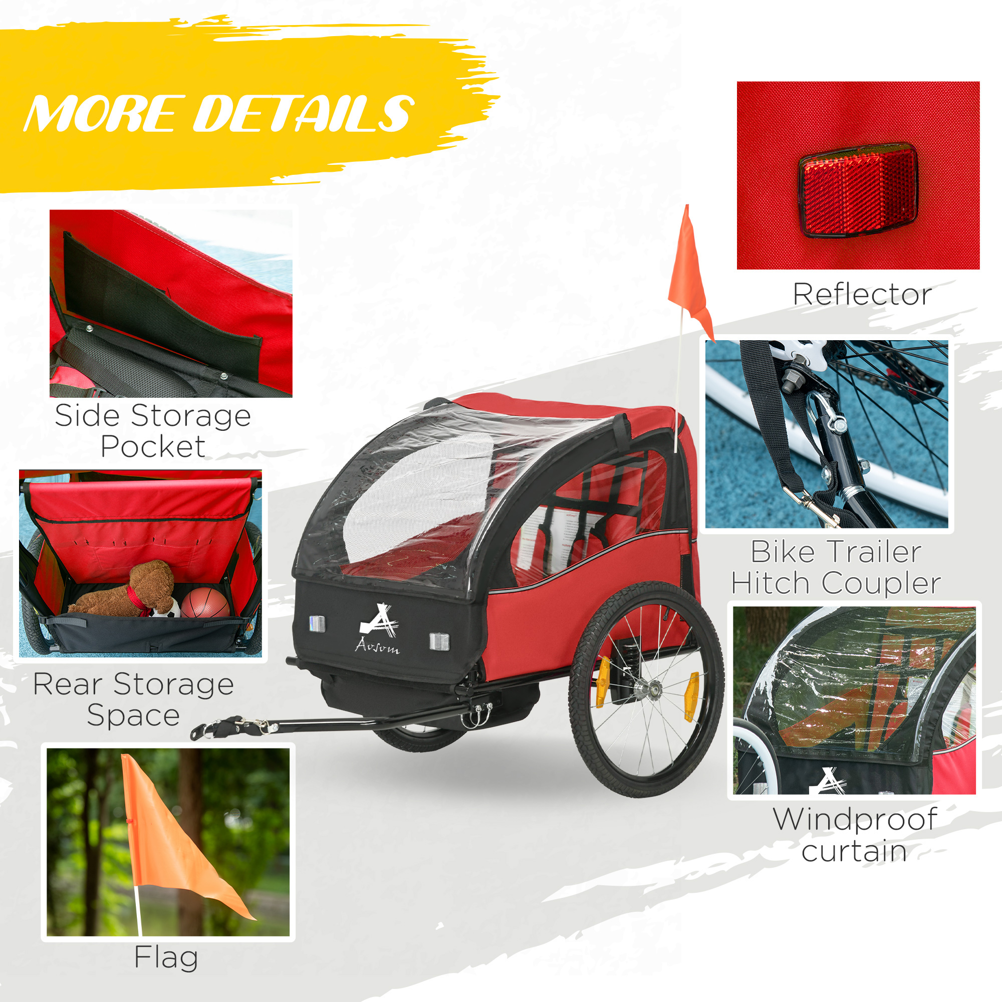 Aosom 2 Seat Bike Trailer for Kids, Baby Stroller with Storage Bag, 5 ...