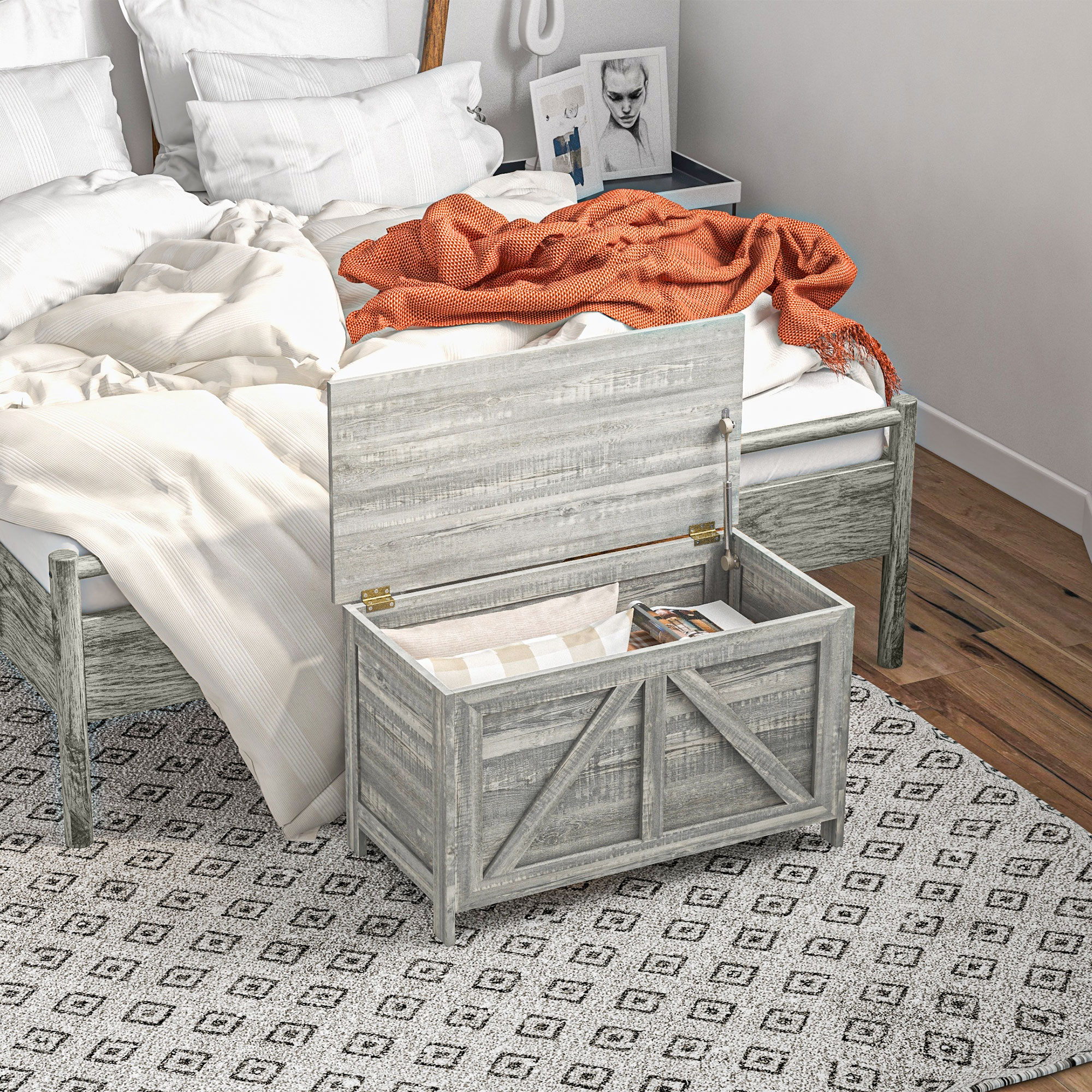 HOMCOM Storage Chest, Farmhouse Lift Top Box Organizer with Safety ...