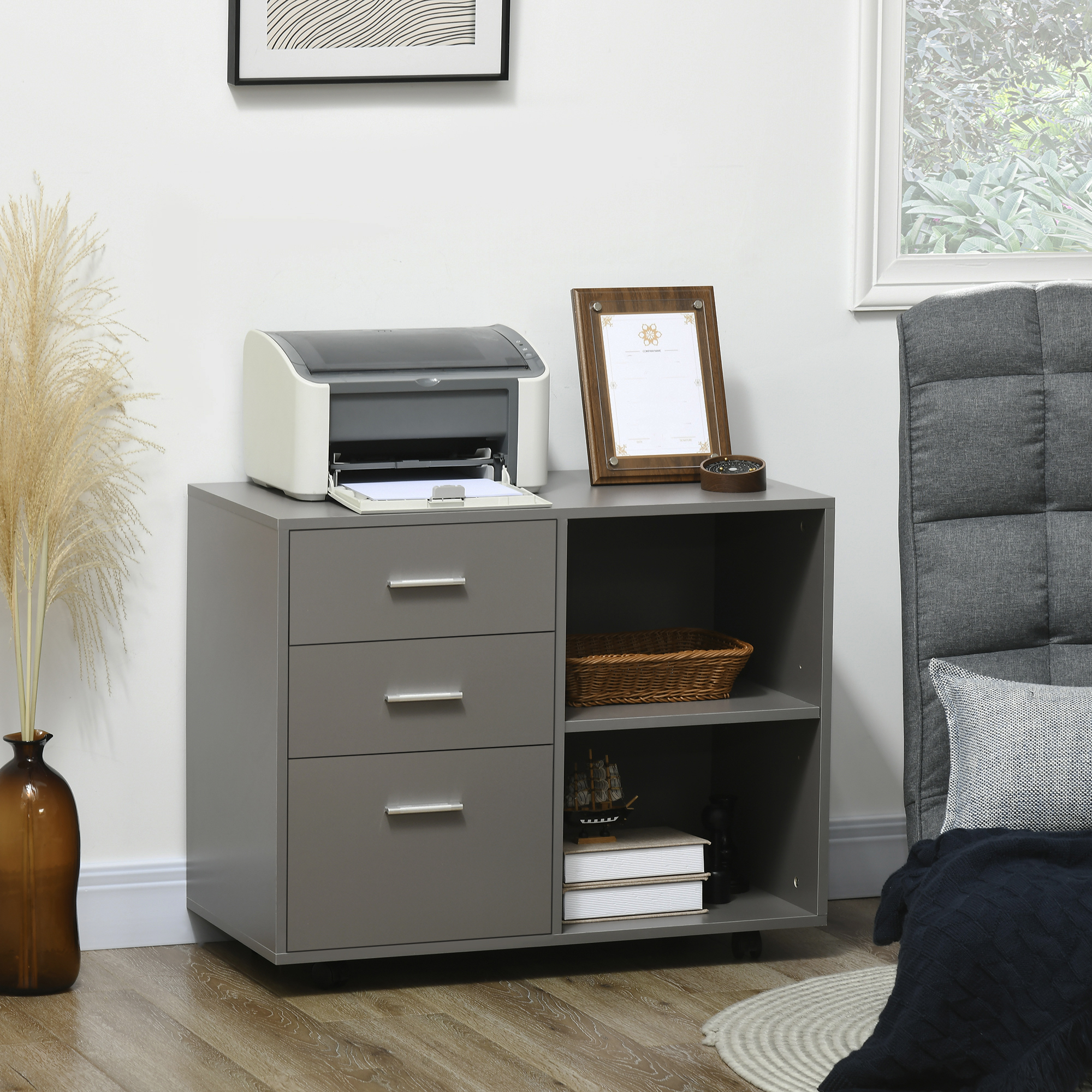 HOMCOM Modern Lateral Filing Cabinet, 3 Drawer File Cabinet, Mobile ...