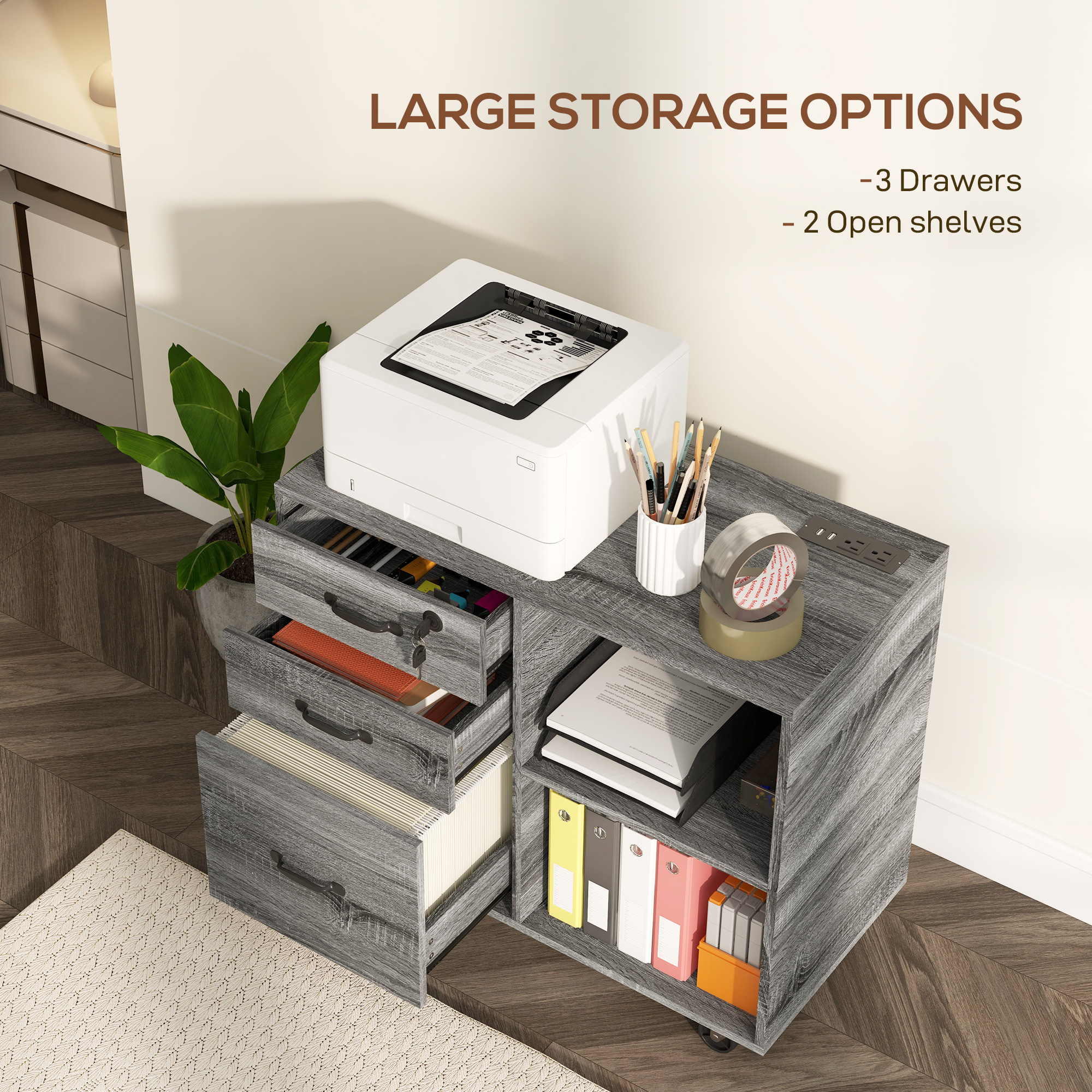 HOMCOM Mobile Printer Stand with Charging Station USB Ports Locking ...