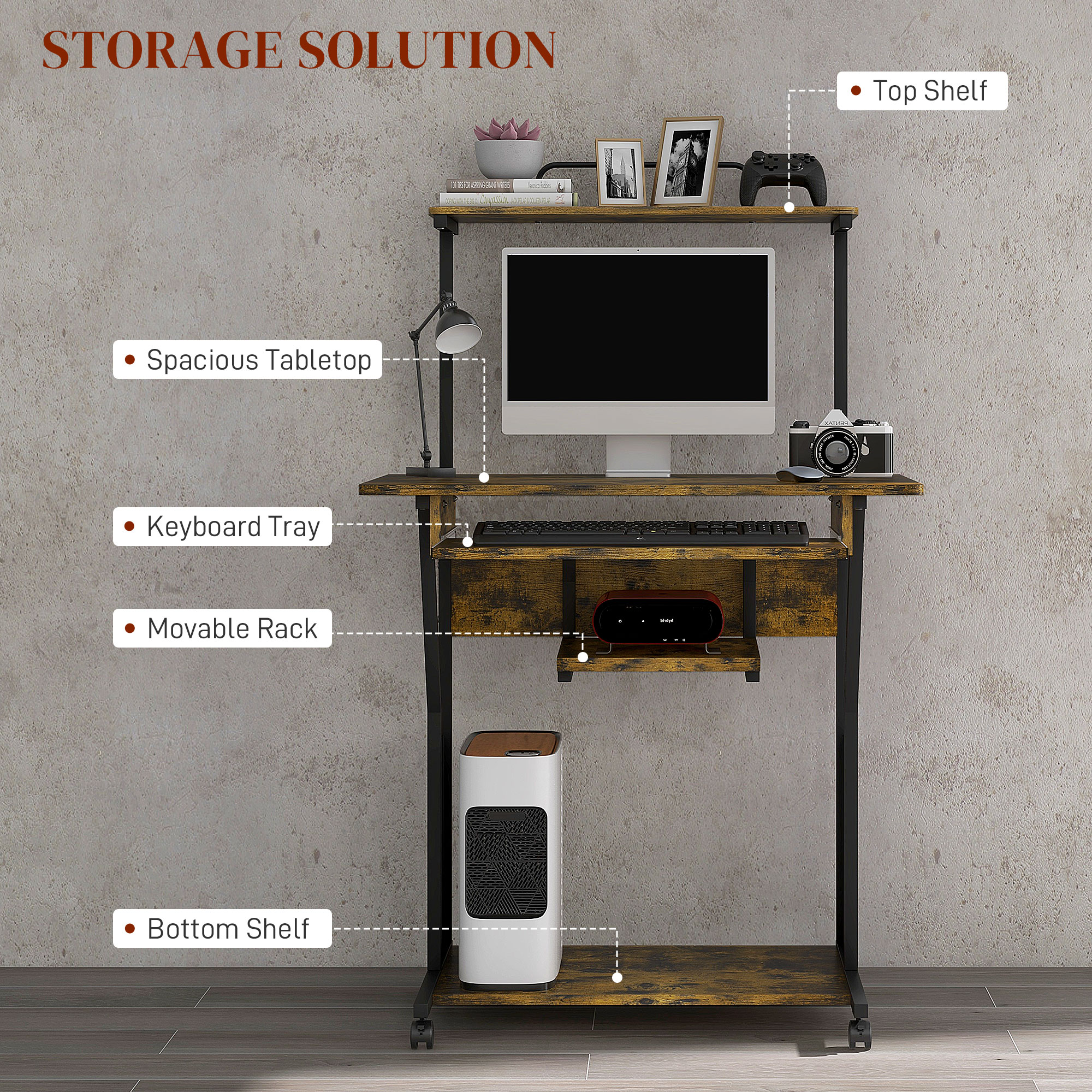 HOMCOM 32" Mobile Computer Table, Rolling Study Desk for Home Office ...